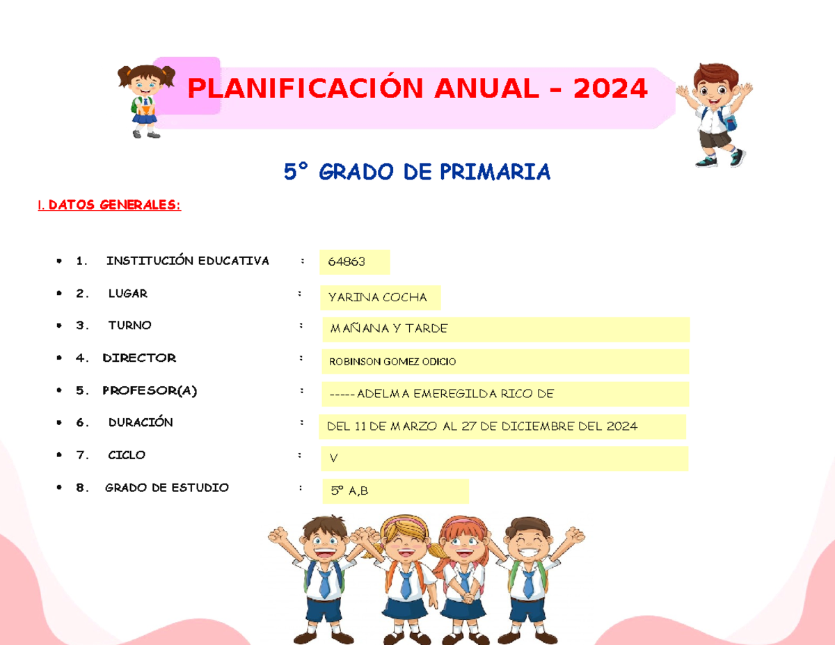 5° Planificación Anual 2024 - PLANIFICACIÓN ANUAL – 2024 5° GRADO DE ...
