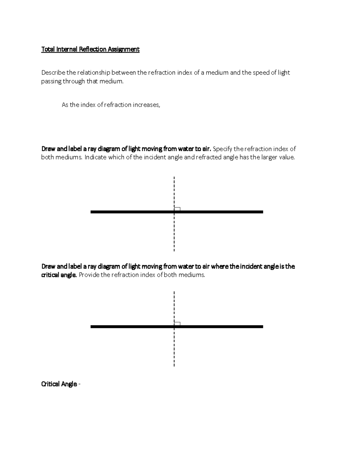 Grade 10 Science Total Internal Reflection Assignment Blank Document ...