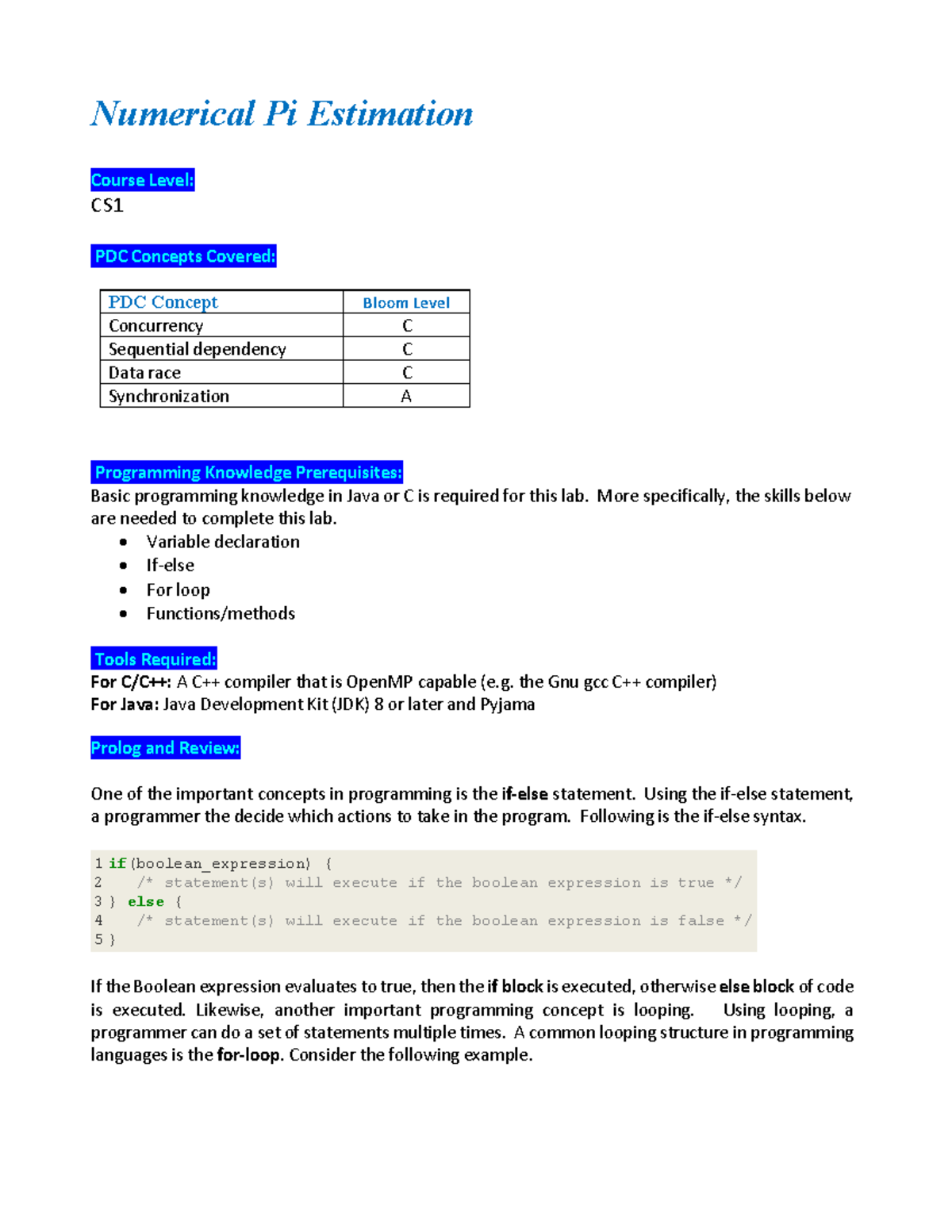 Pi Estimation Assign Numerical Pi Estimation Course Level Cs Pdc Concepts Covered Pdc 