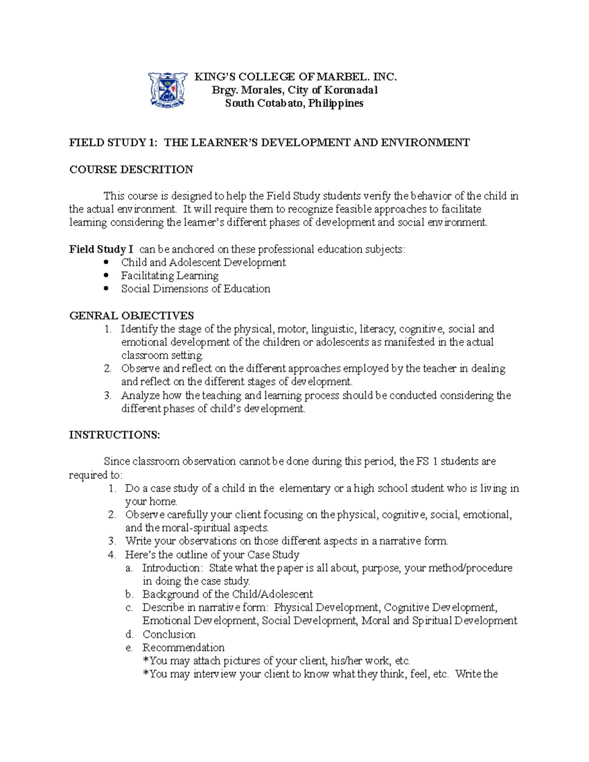 FS-1-Instructions - FS-1-Instructions - KING’S COLLEGE OF MARBEL. INC ...