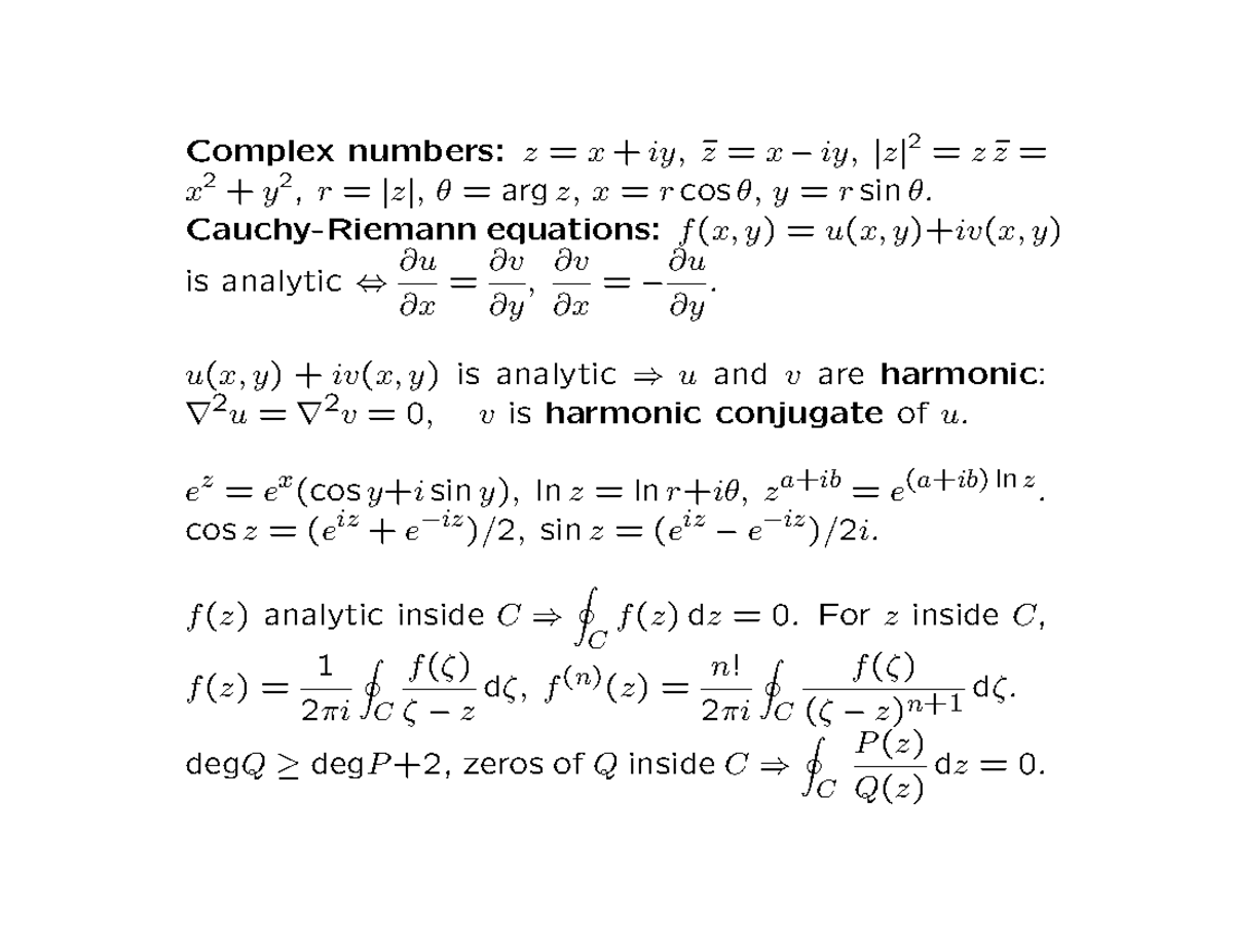 Review 2s20 - Complex numbers: z = x + iy, ̄z = x − iy, |z| 2 = z z ̄ ...