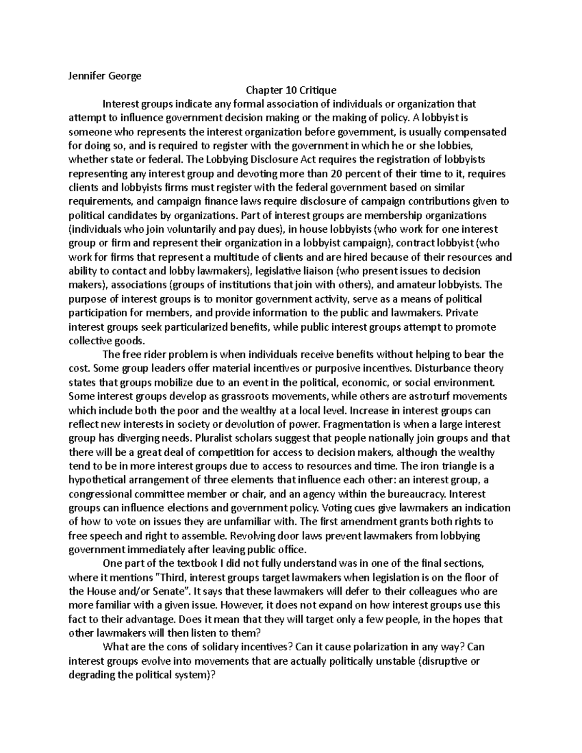 Critique Chapter 10- Interest Groups and Lobbying - Jennifer George Chapter 10 Critique Interest ...