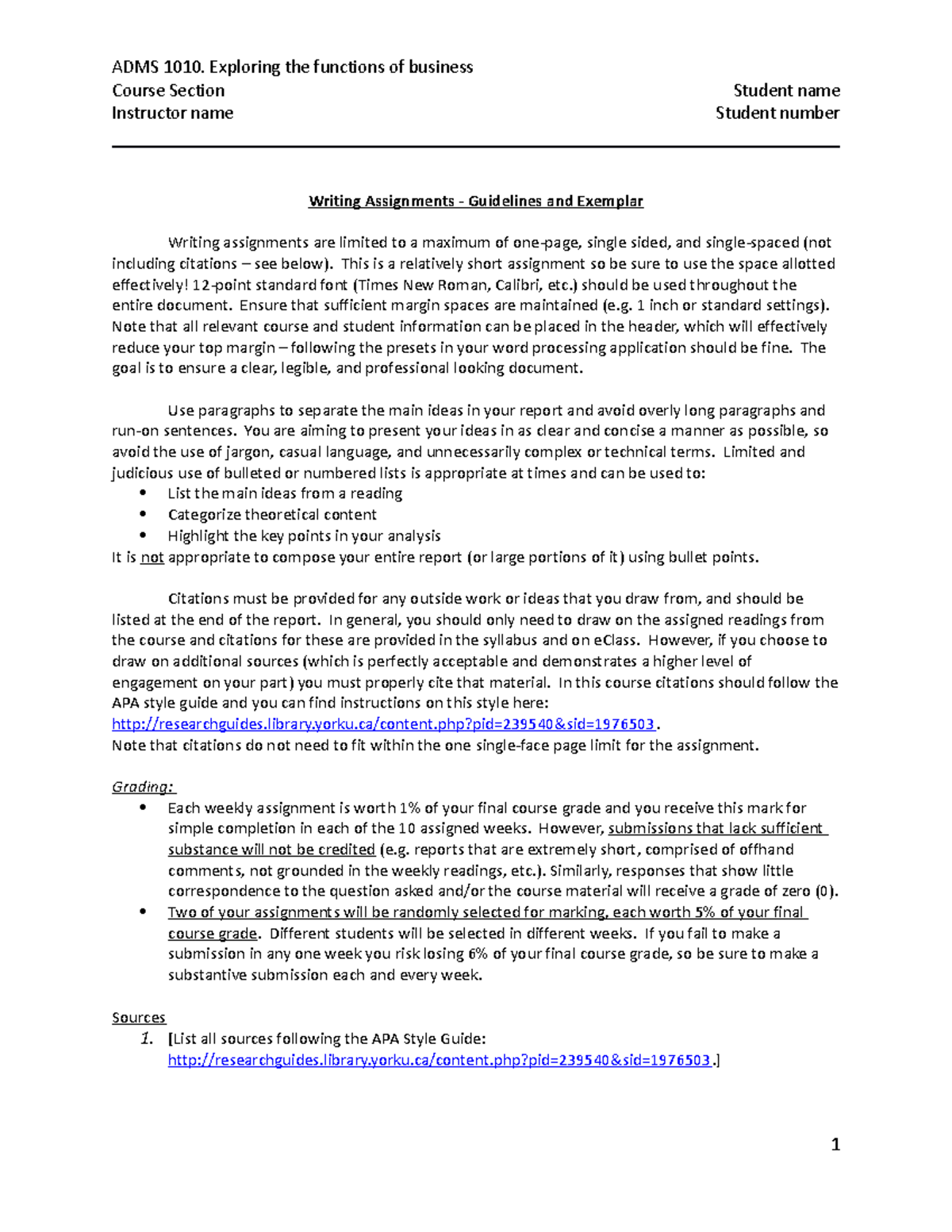 4. Writing assignments. Guidelines - ADMS 1010. Exploring the functions of business Course ...