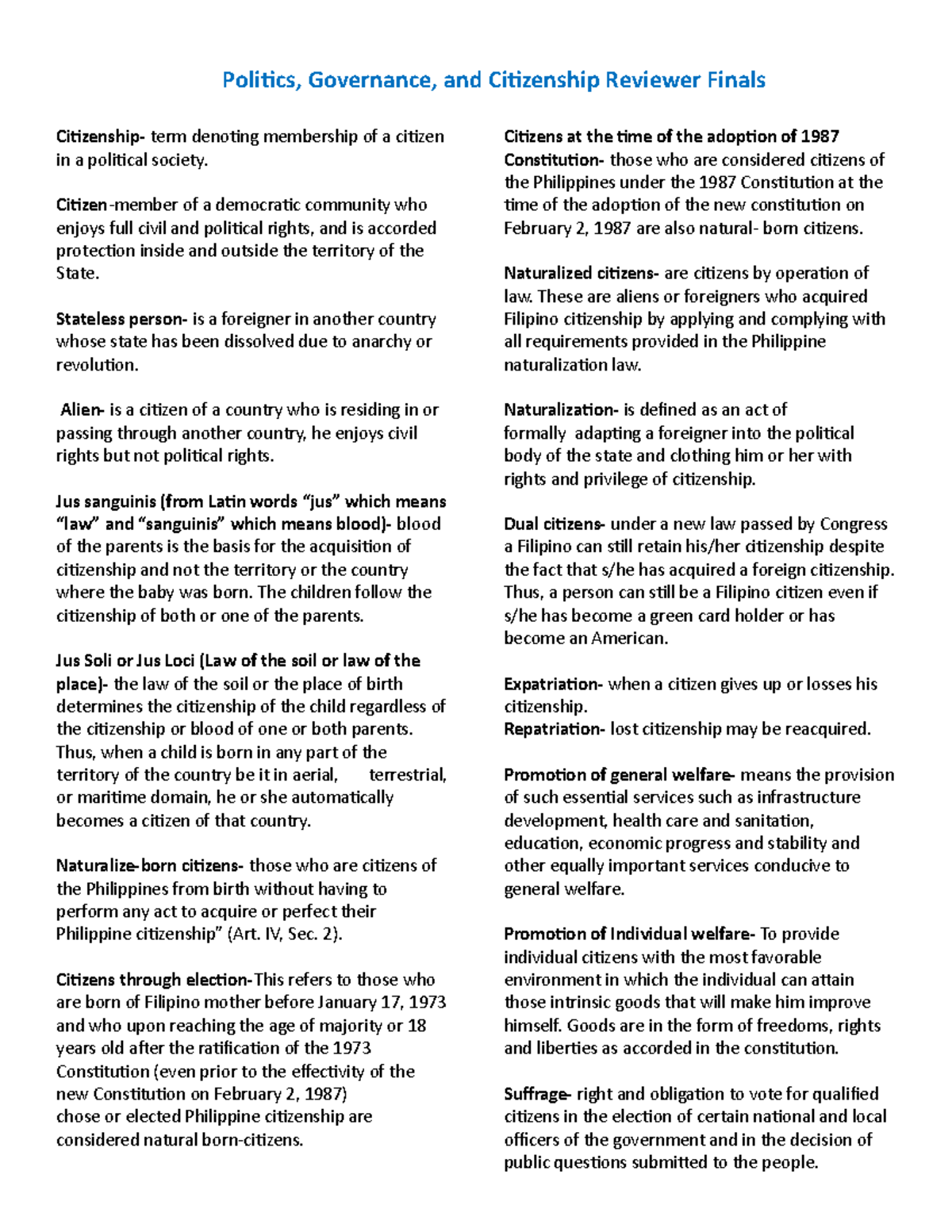 Citizenship reviewer - Citizenship- term denoting membership of a ...