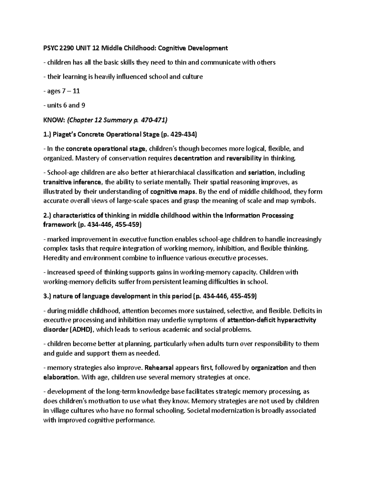 Chapter 12 - Lecture notes unit 12 - PSYC 2290 UNIT 12 Middle Childhood ...