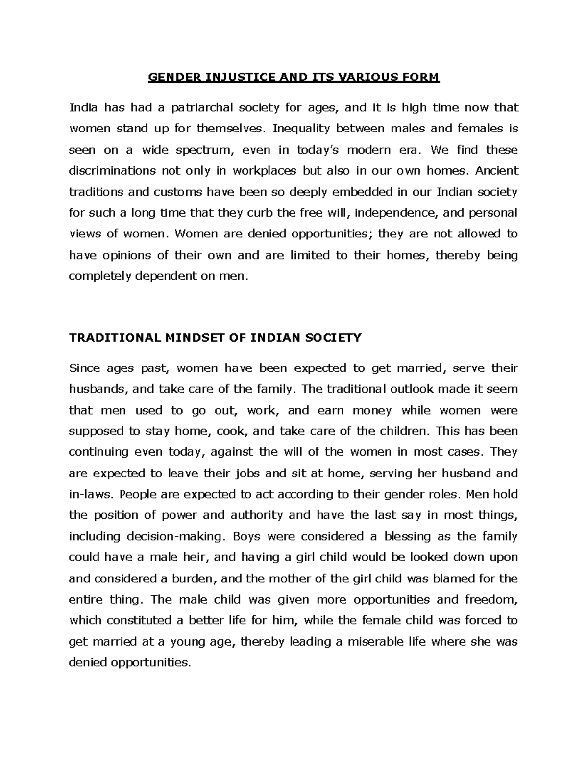 Gender Injustice AND ITS Various Forms - GENDER INJUSTICE AND ITS VARIOUS FORM India has had a ...
