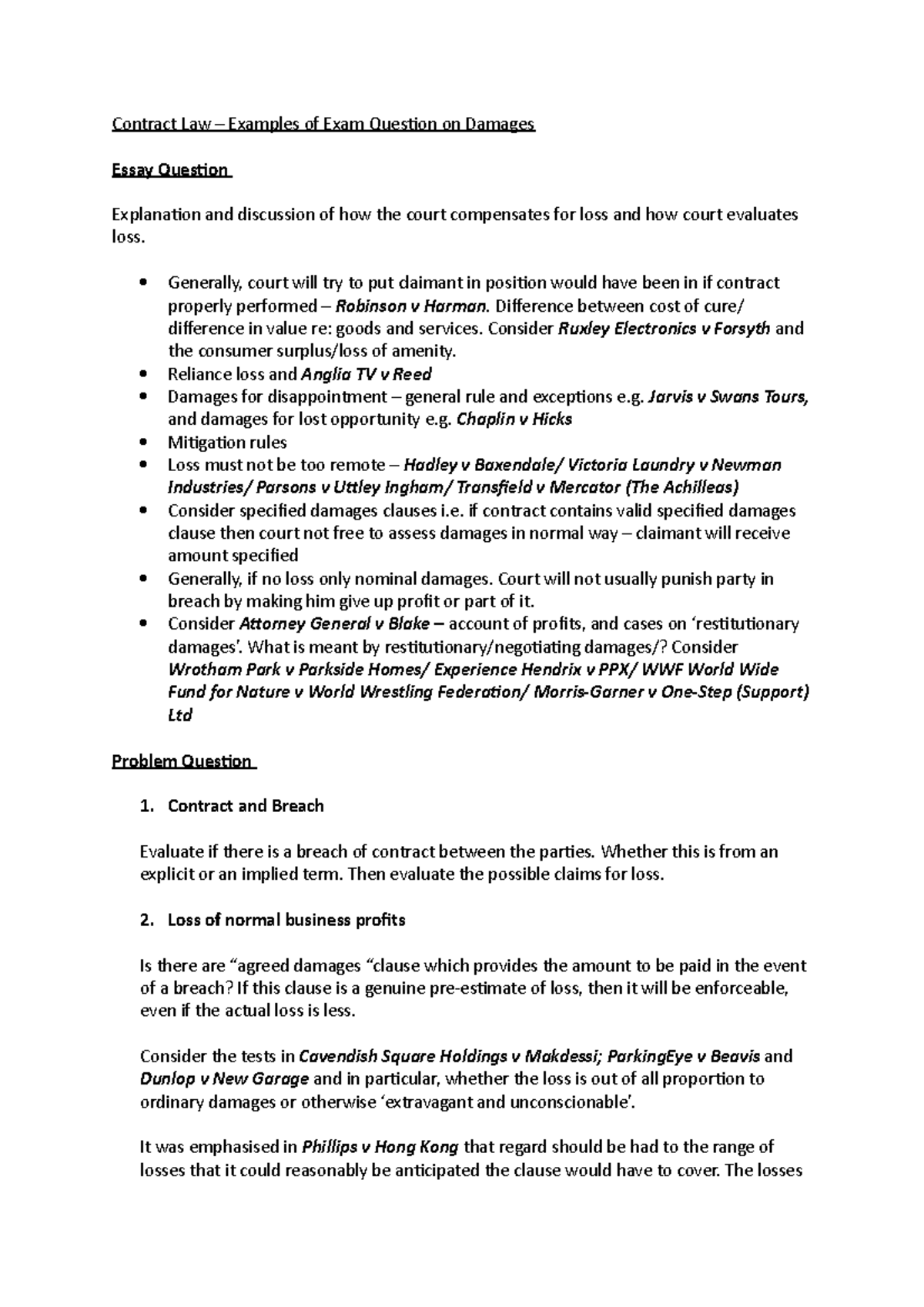Contract Law – Examples of Exam Question on Damages - Generally, court ...