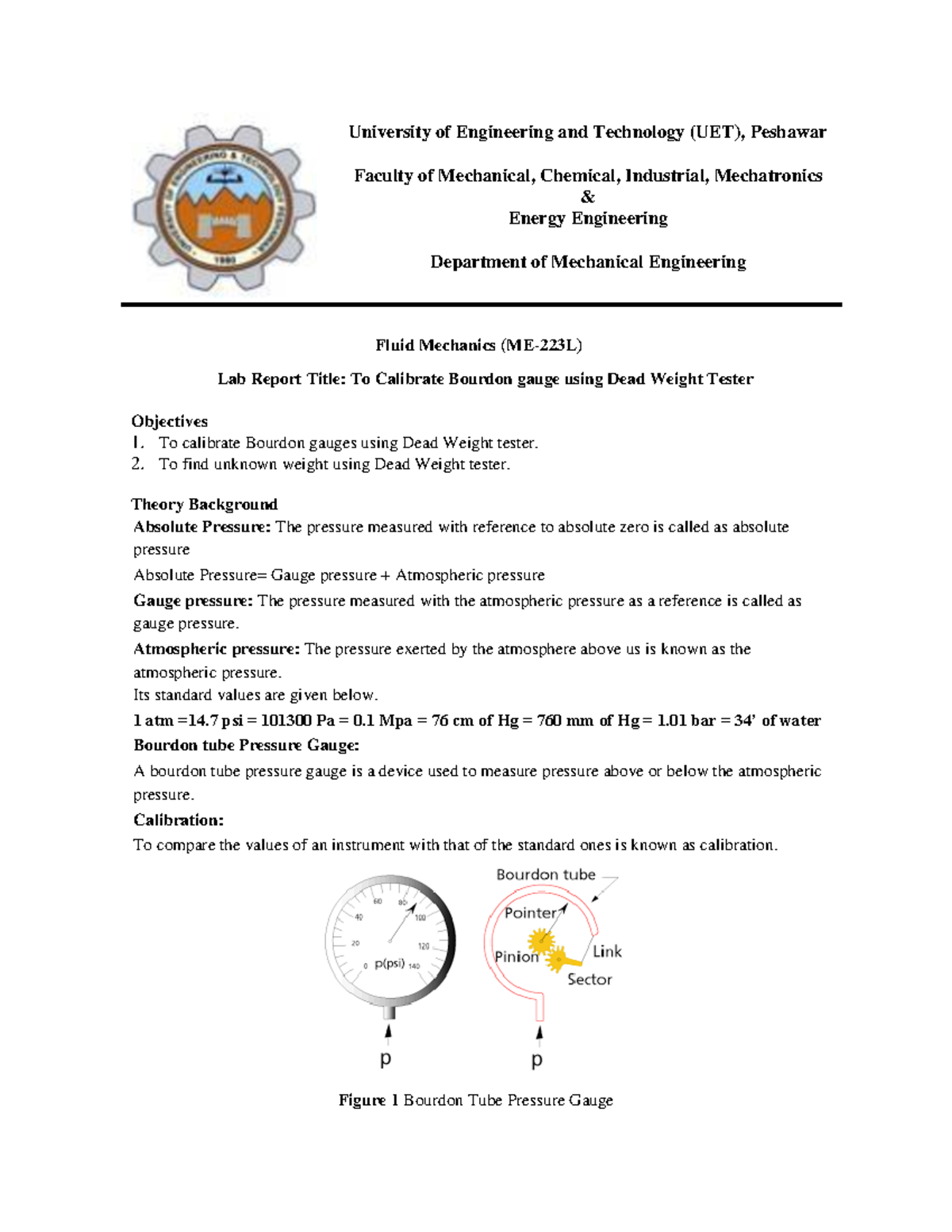 Lab Manual 3 Dead Weight tester - Fluid Mechanics (ME-223L) Lab Report ...