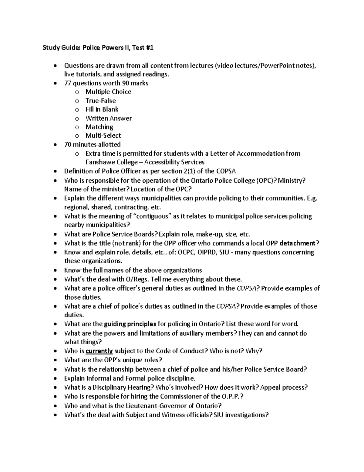 Study Guide Test 1 Police Powers 2 Lecture - Study Guide: Police Powers ...