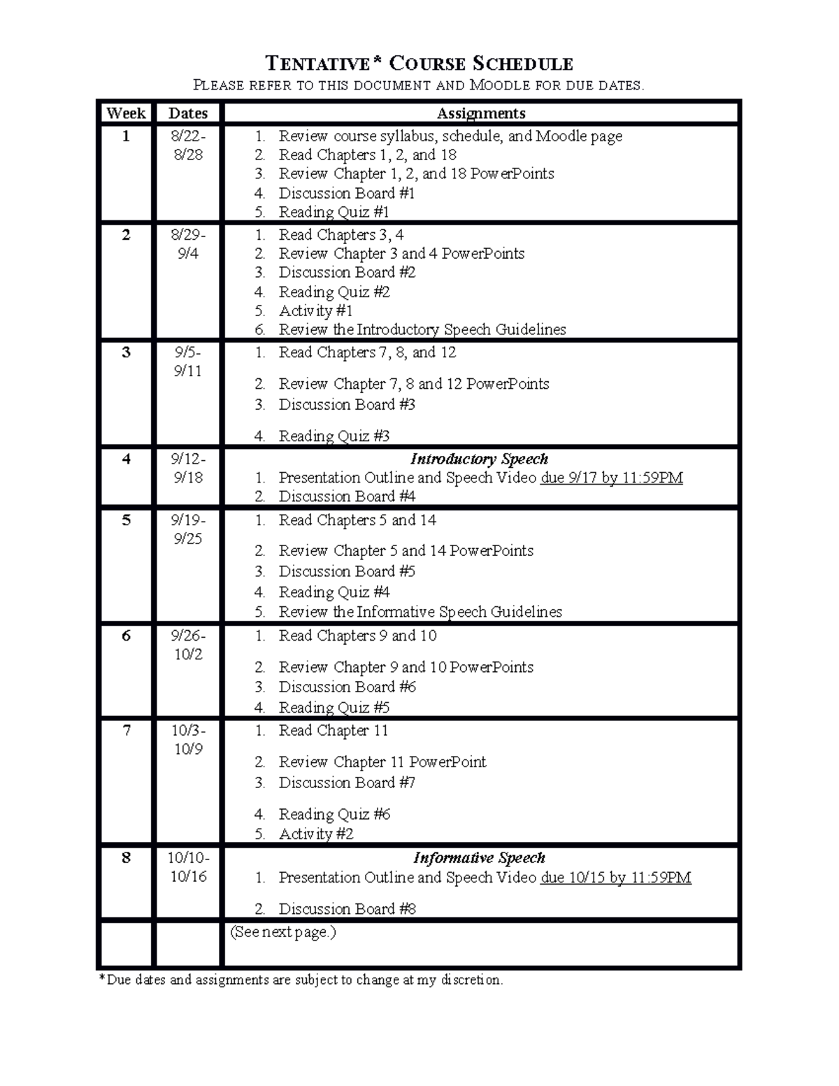 CMST 2060 TCS Fall 2022 - course schedule - TENTATIVE* COURSE SCHEDULE ...