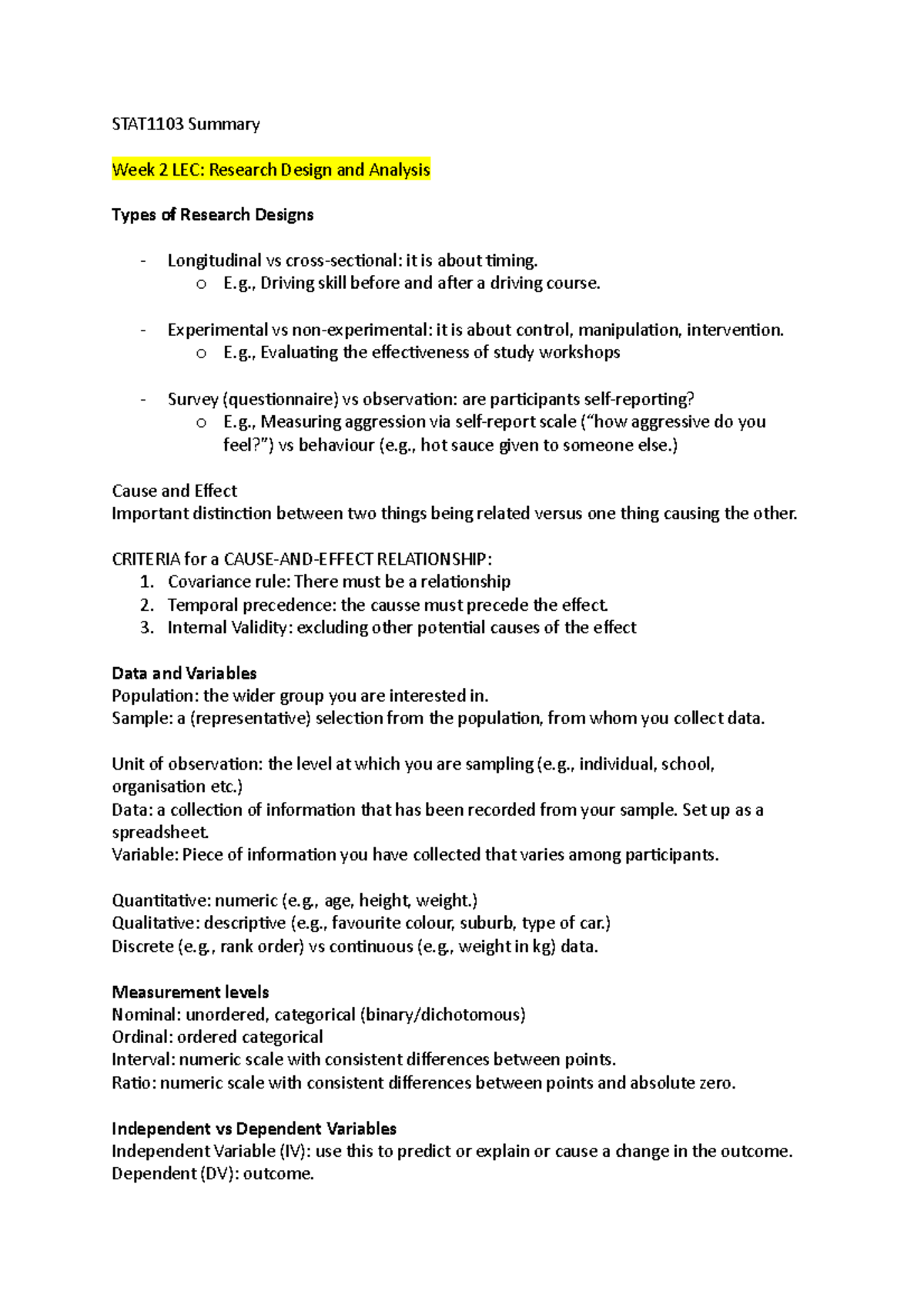 STAT1103 Summary - Lecture notes 1-4 - STAT1103 Summary Week 2 LEC ...