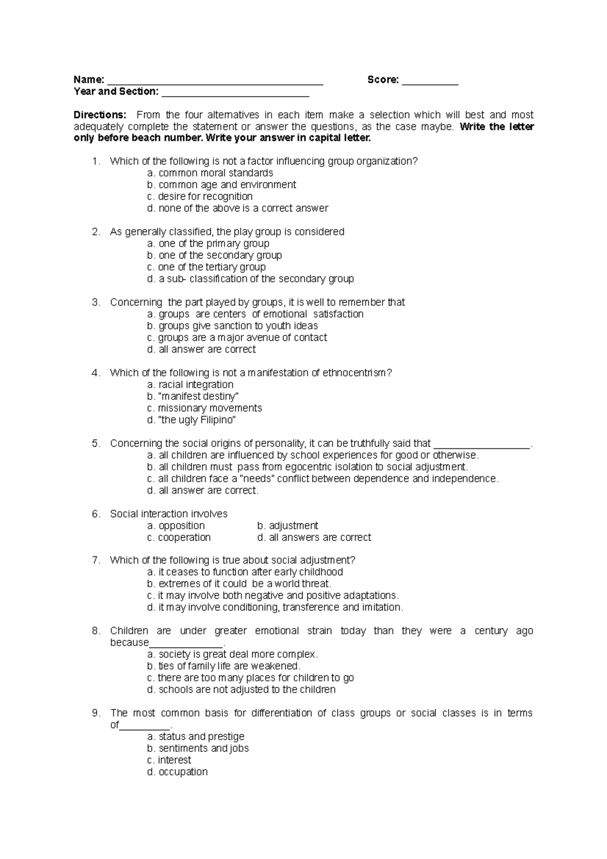 An introduction to Sociology Quiz - Name ...