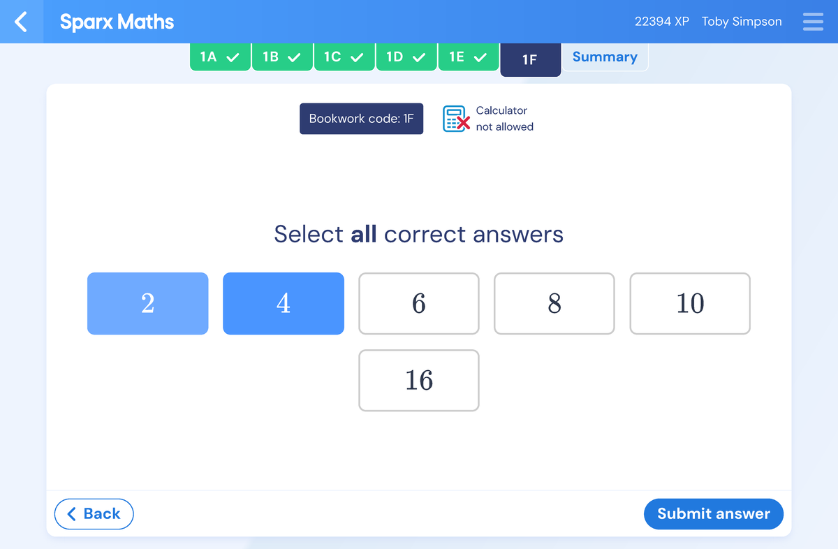 Sparx Maths 5 - 22394 XP Toby Simpson 1 A 1 B 1 C 1 D 1 E 1 F Summary ...