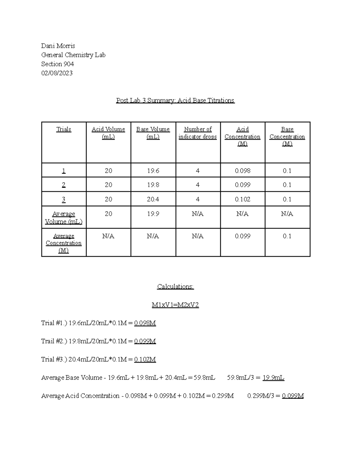 Post lab 3 - Post Lab 3 Questions - Dani Morris General Chemistry Lab Section 904 02/08/ Post ...