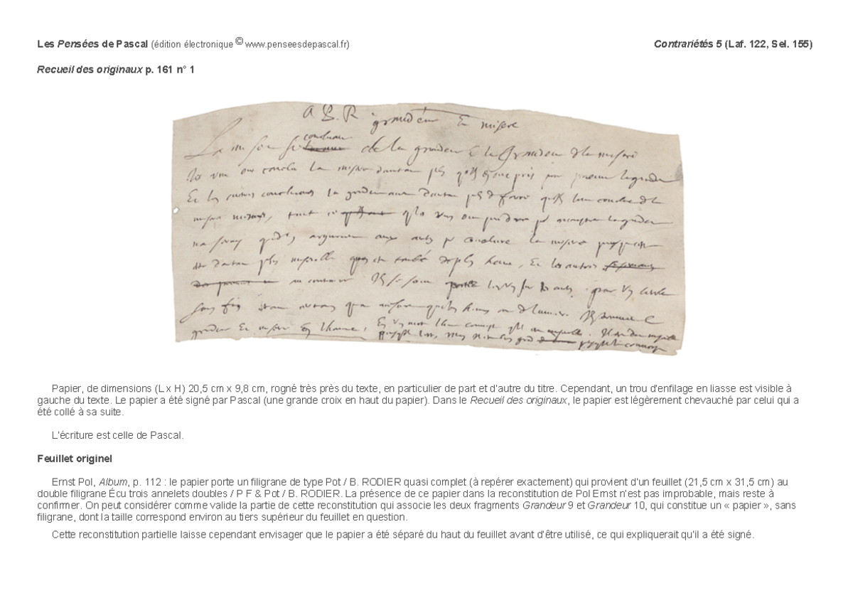 Fragment des pensées de Pascal - Les Pensées de Pascal (édition ...