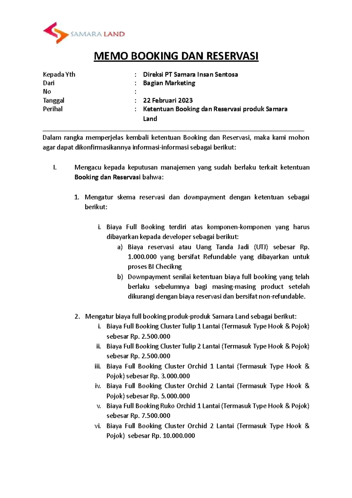 Memo Ketentuan Booking dan Reservasi 220223 - MEMO BOOKING DAN ...