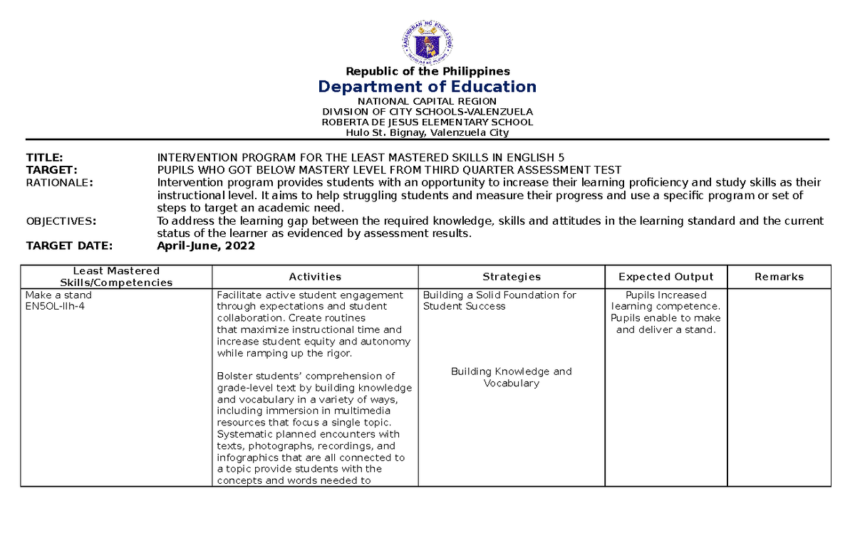Intervention- Program- Proposal English 3RD - Republic of the ...