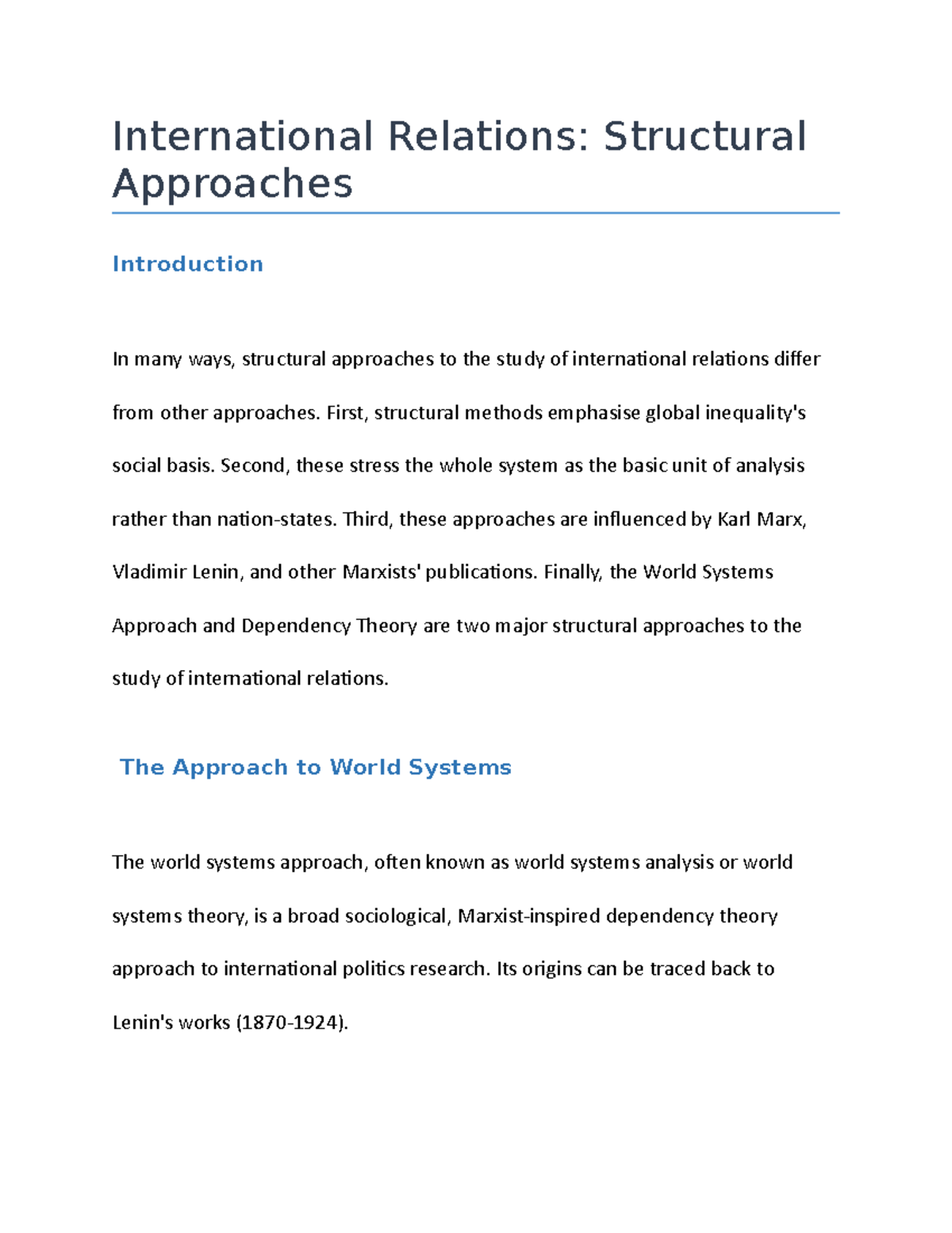 International Relations: Structural Approaches - Political Theory - Studocu