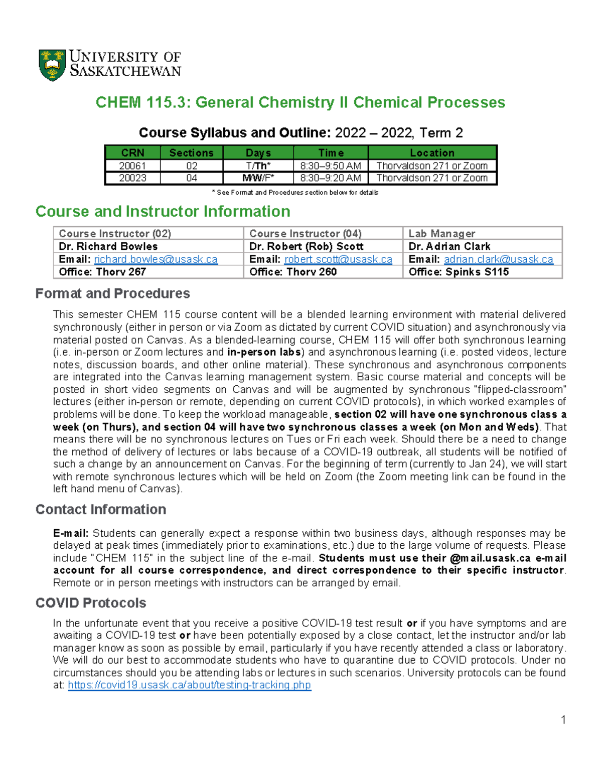 CHEM 115 - Winter 2022 Course Syllabus and Calendar Jan7 - CHEM 115 ...