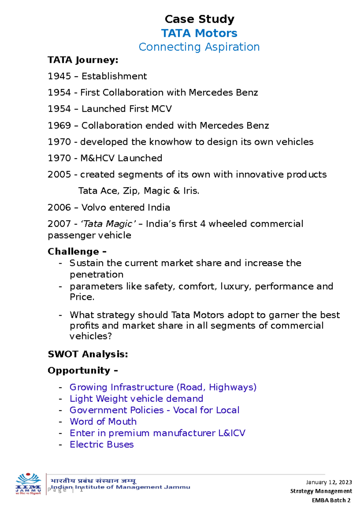 Case 0 Summary TATA Motors - Case Study TATA Motors Connecting ...