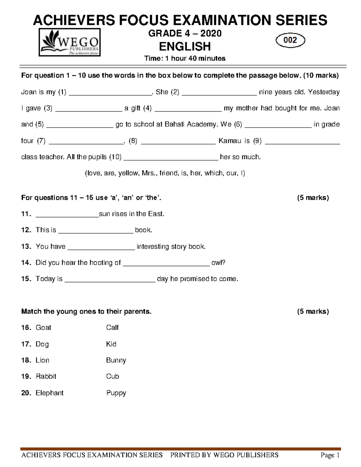 English - ACHIEVERS FOCUS EXAMINATION SERIES PRINTED BY WEGO PUBLISHERS ...