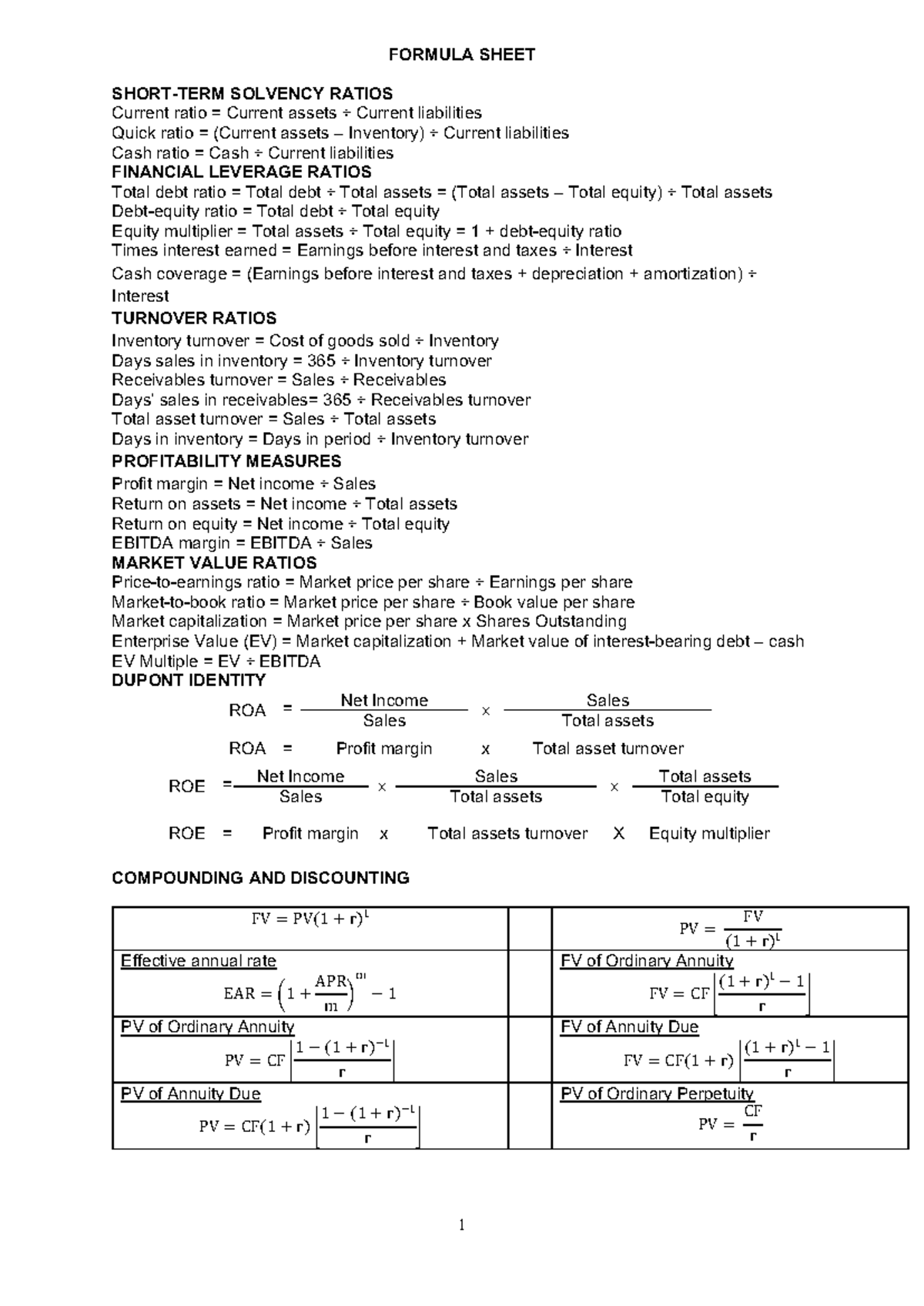 Formula sheet CF - 1 FORMULA SHEET SHORT-TERM SOLVENCY RATIOS Current ...