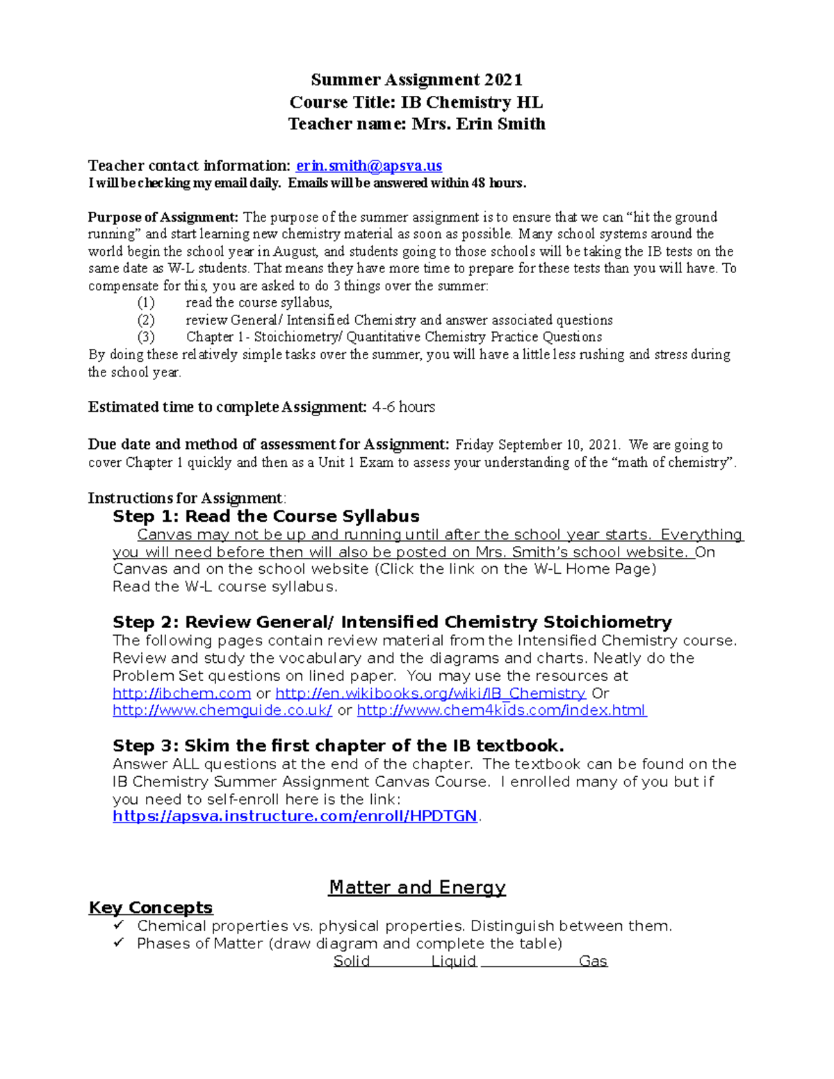 Summer Assignment IB Chemistry Junior Year 2021 - Summer Assignment ...