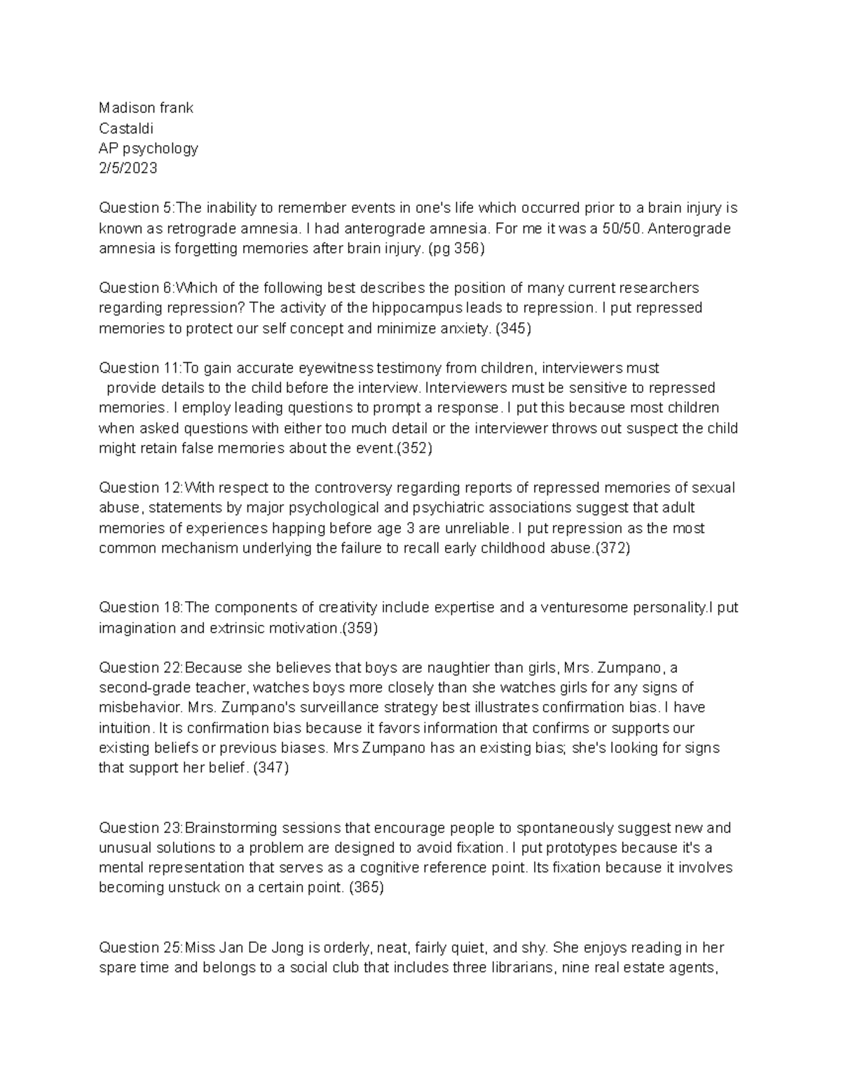 Test correct - Kimmy - Madison frank Castaldi AP psychology 2/5 ...