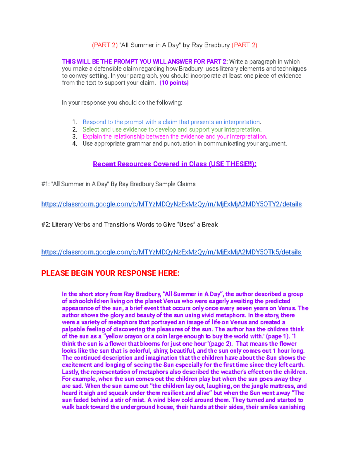 (PART 2) All Summer in A Day by Ray Bradbury (PART 2) - (PART 2) "All ...