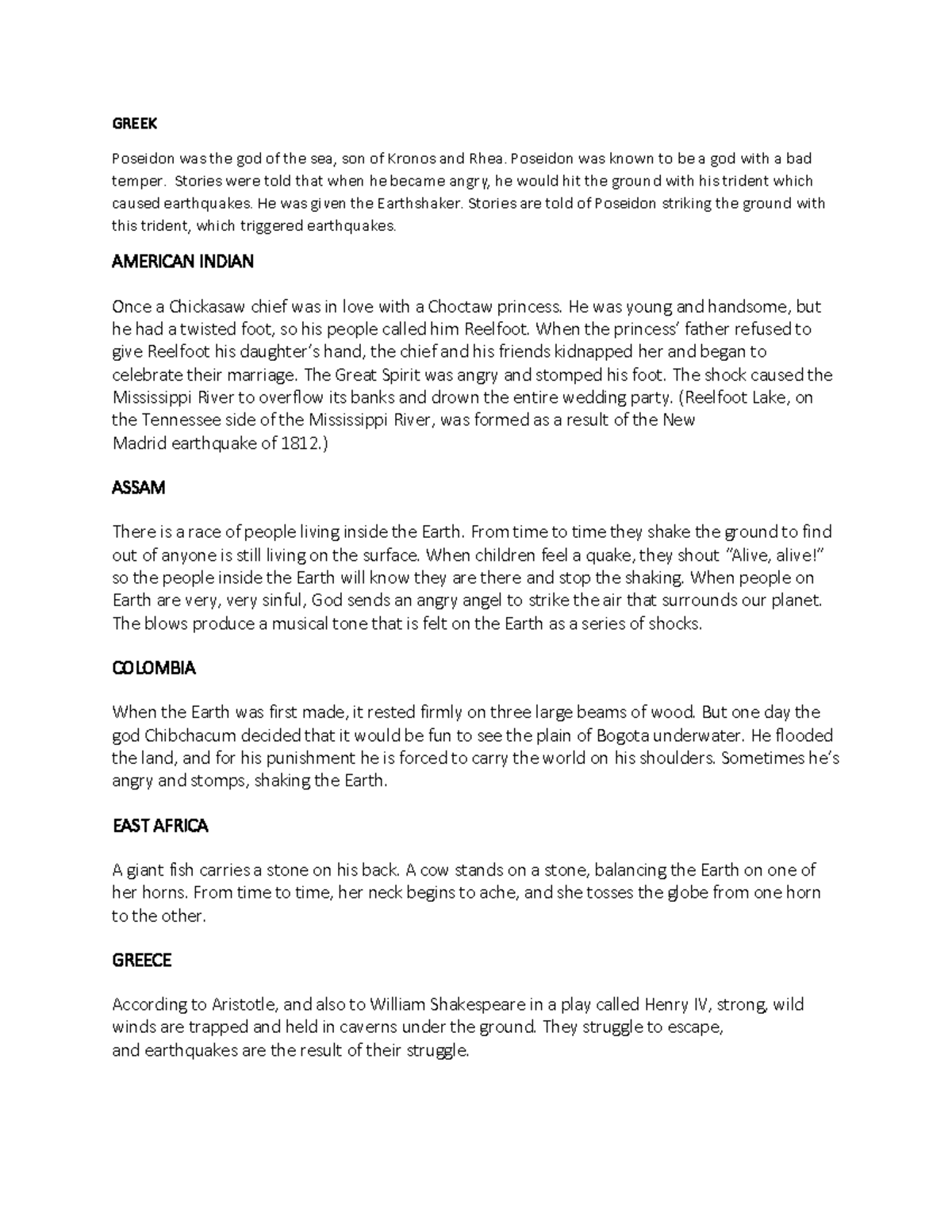 EQ-MYTH-1 - Histories about earthquakes - GREEK Poseidon was the god of ...