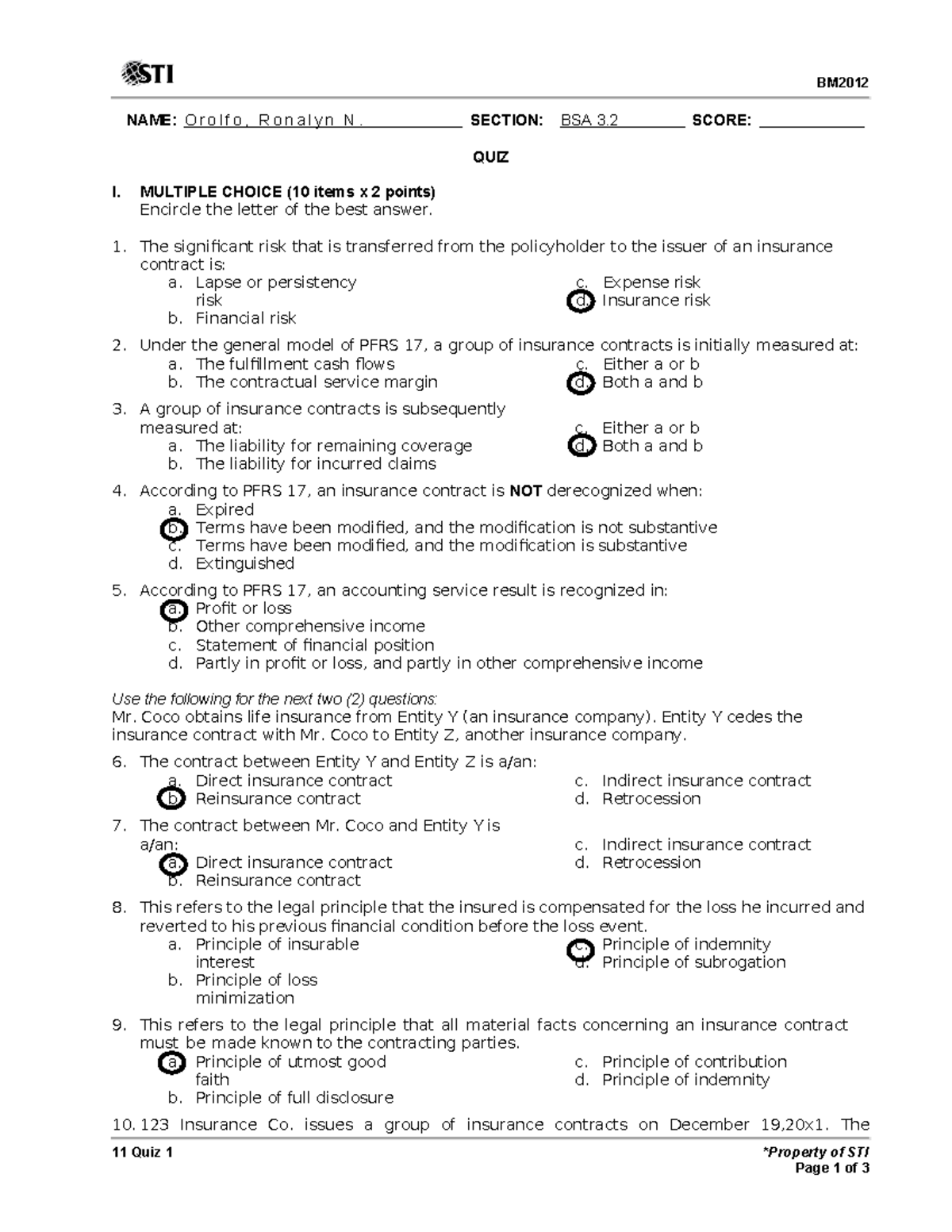 Spectrans-QUIZ11 - Assignment - BM 11 Quiz 1 *Property of STI Page 1 of ...