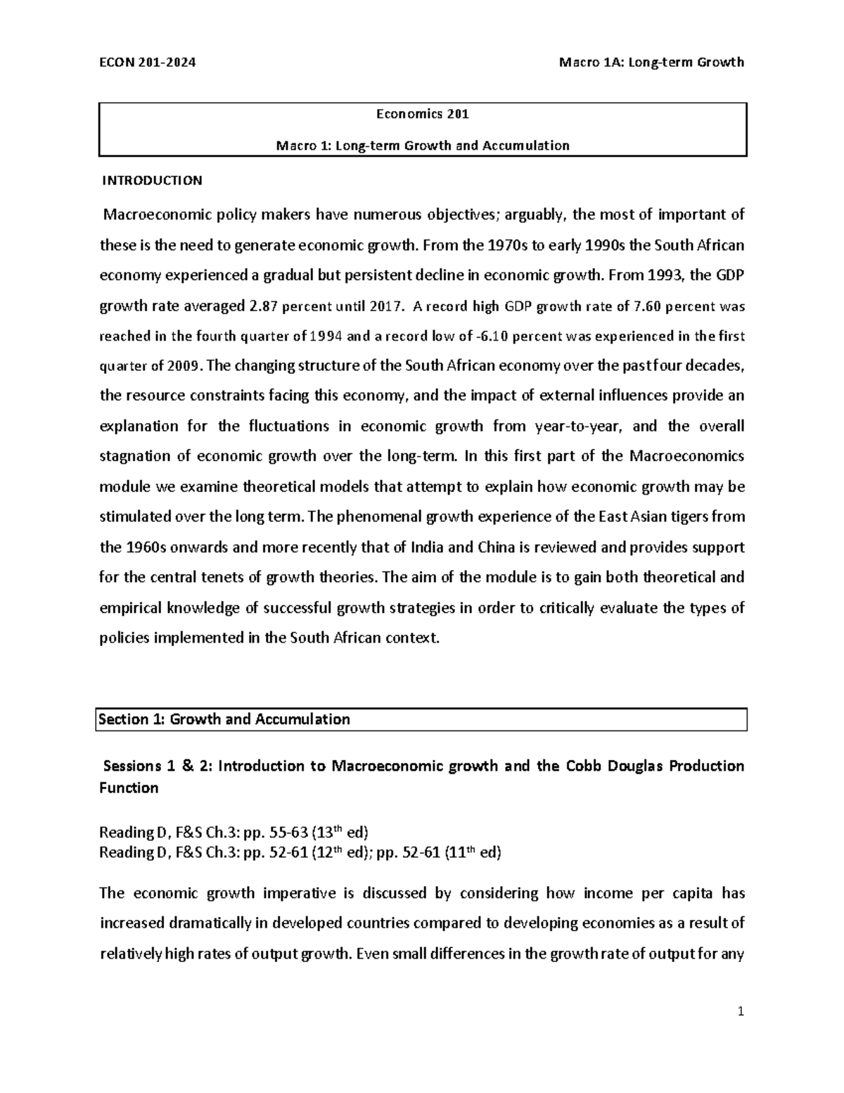 ECON201 Macro 1A Lecture Outline - Economics 201 Macro 1: Long-term ...