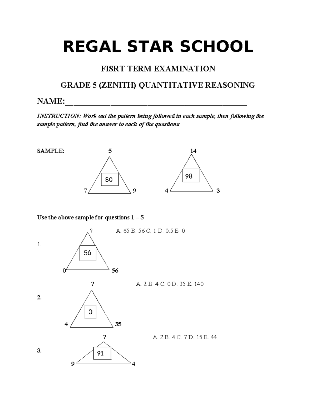 Quantitative Reasoning - REGAL STAR SCHOOL FISRT TERM EXAMINATION GRADE ...