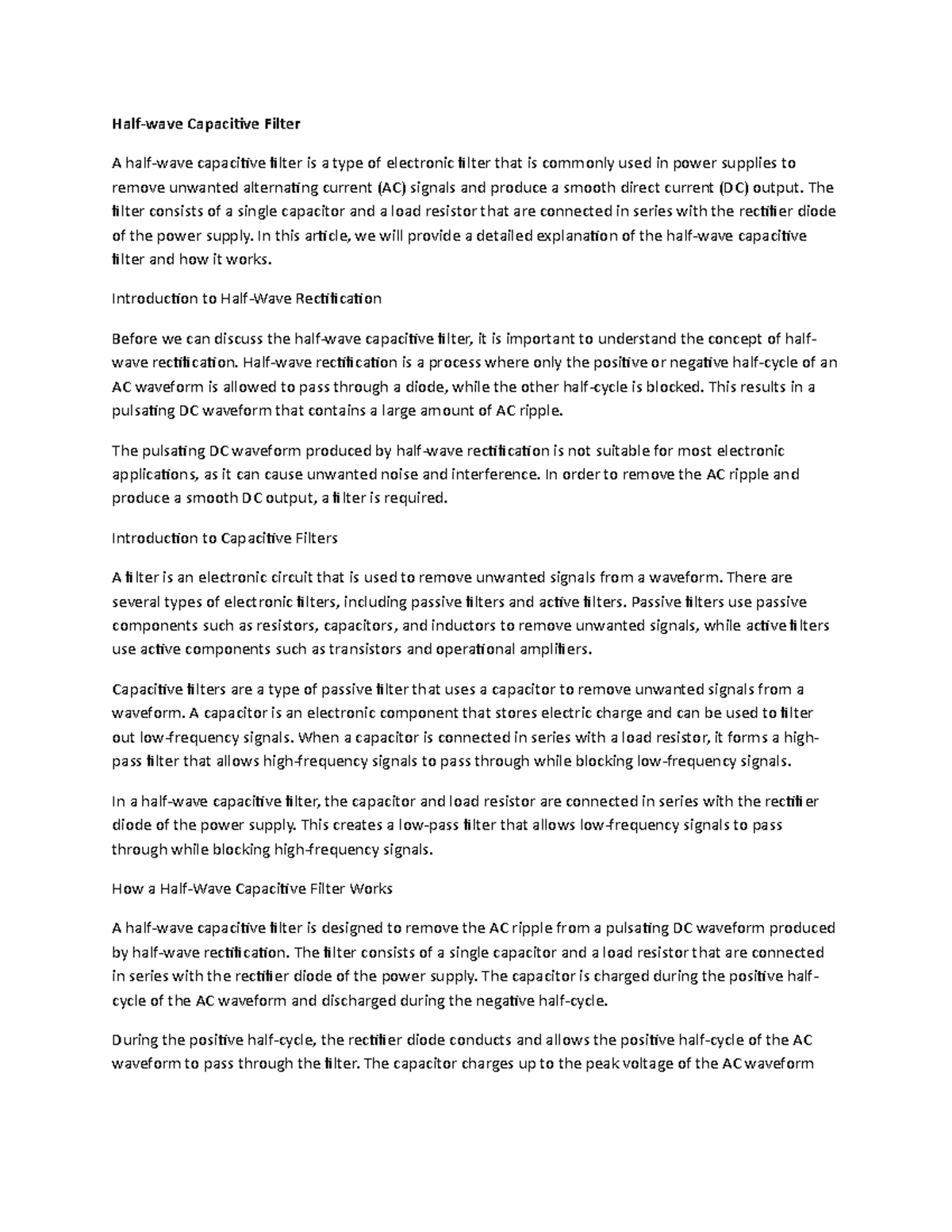 Half Wave Capacitive Filter The Filter Consists Of A Single Capacitor And A Load Resistor That