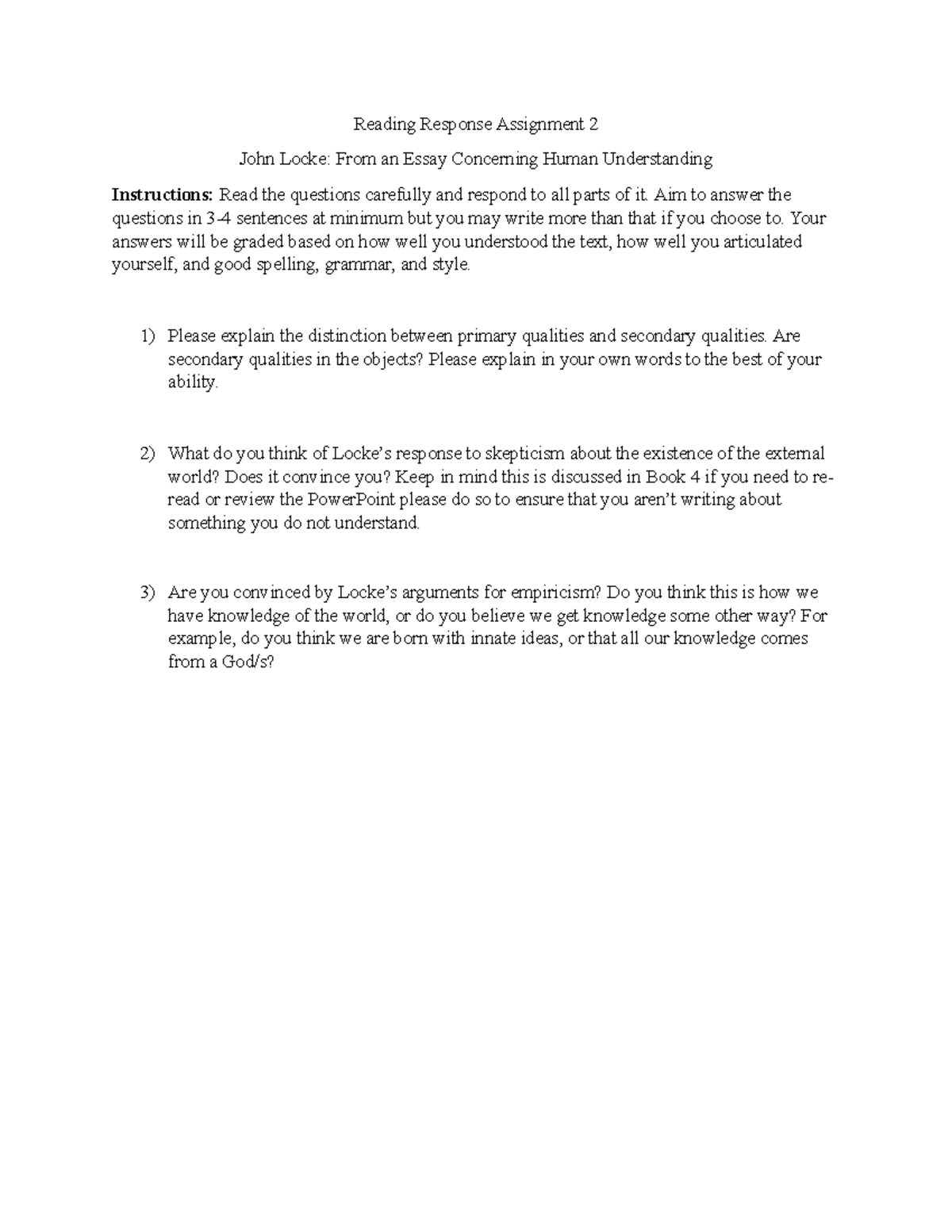 Reading Response Assignment 2 Intro To Locke C Weinbaum Reading Response Assignment 2 John