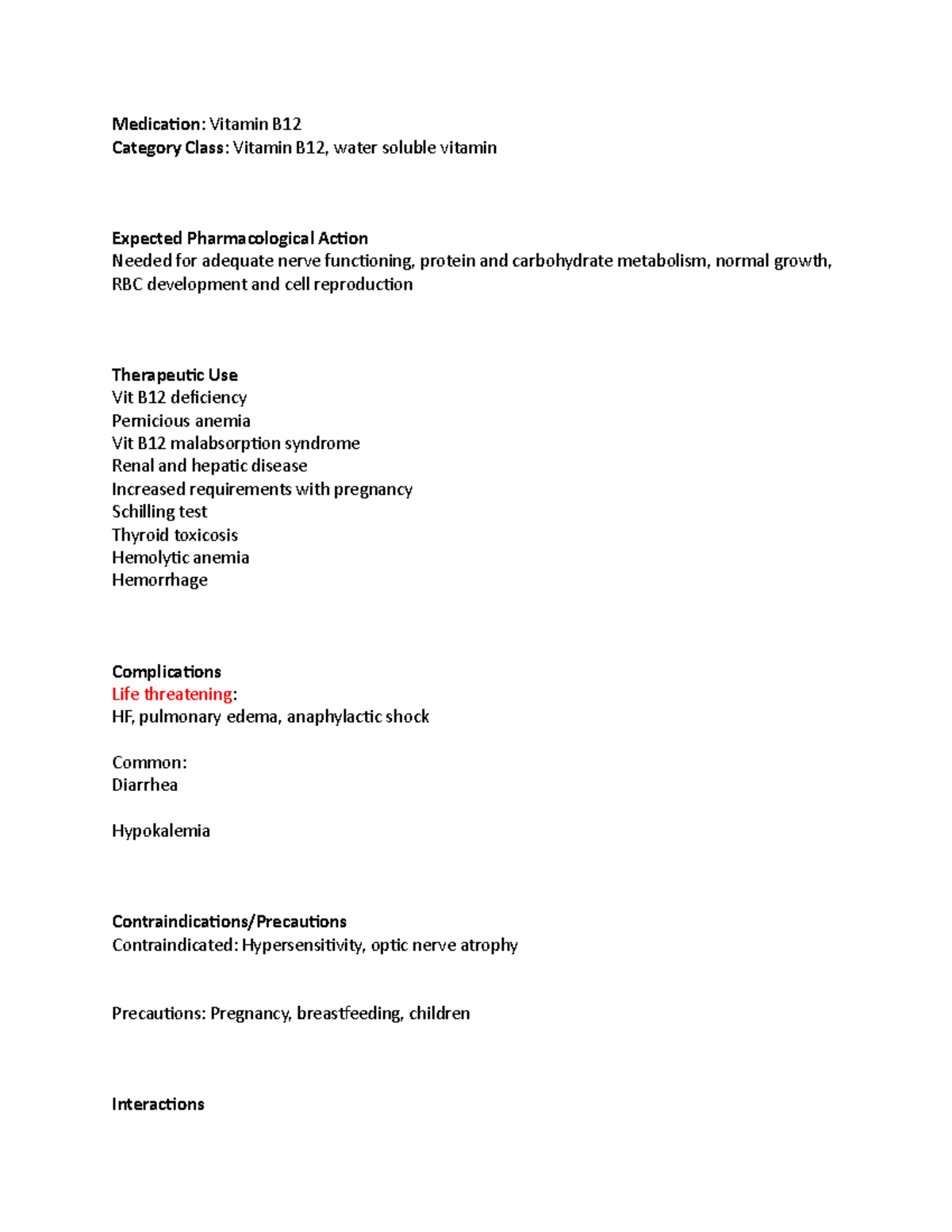 Vitamin B12 Medication Form Outline - Medication : Vitamin B Category ...