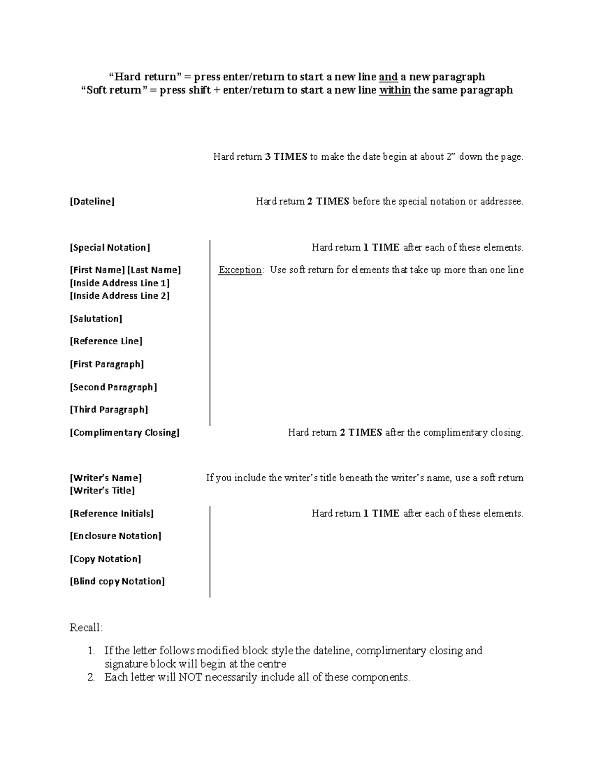 Week 2 - Letter Formatting Cheat Sheet - “Hard return” = press enter ...