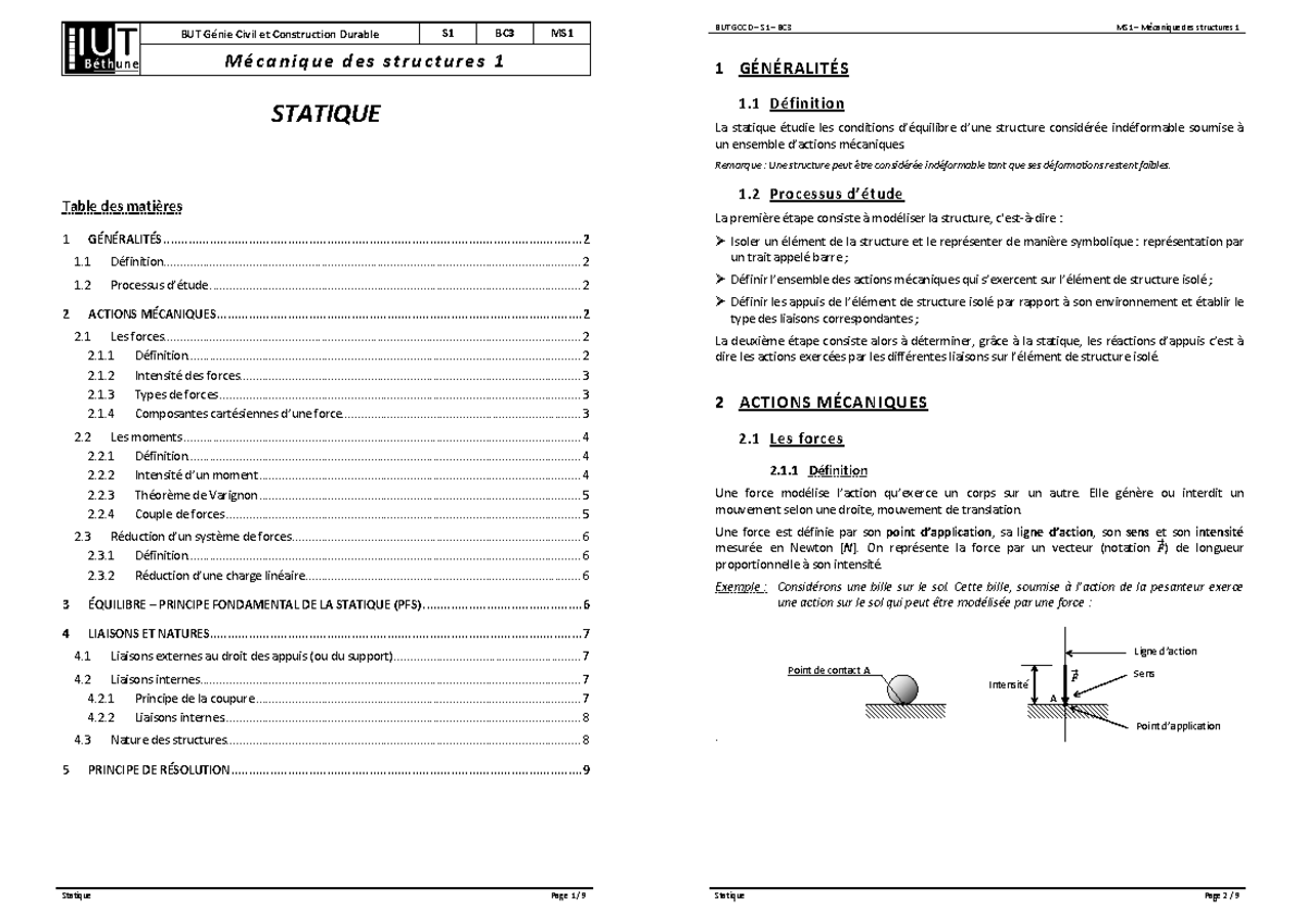 Statique - Fiche cours - physique chimie - BUT Génie Civil et ...