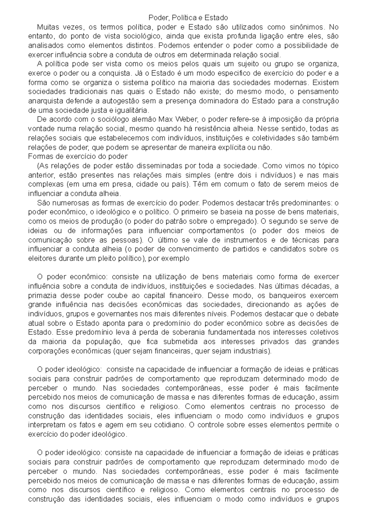 Exercicios Sobre Poder Politica E Estado Sociologia - FDPLEARN