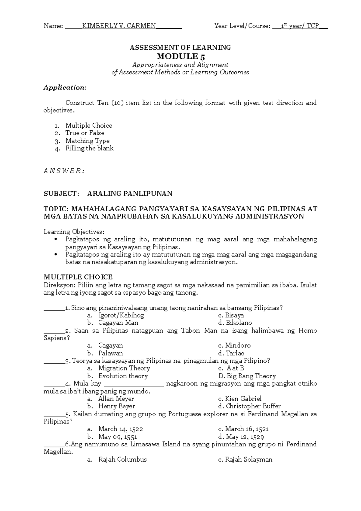 Lesson 5 Appropriateness and Alignment - ASSESSMENT OF LEARNING MODULE ...