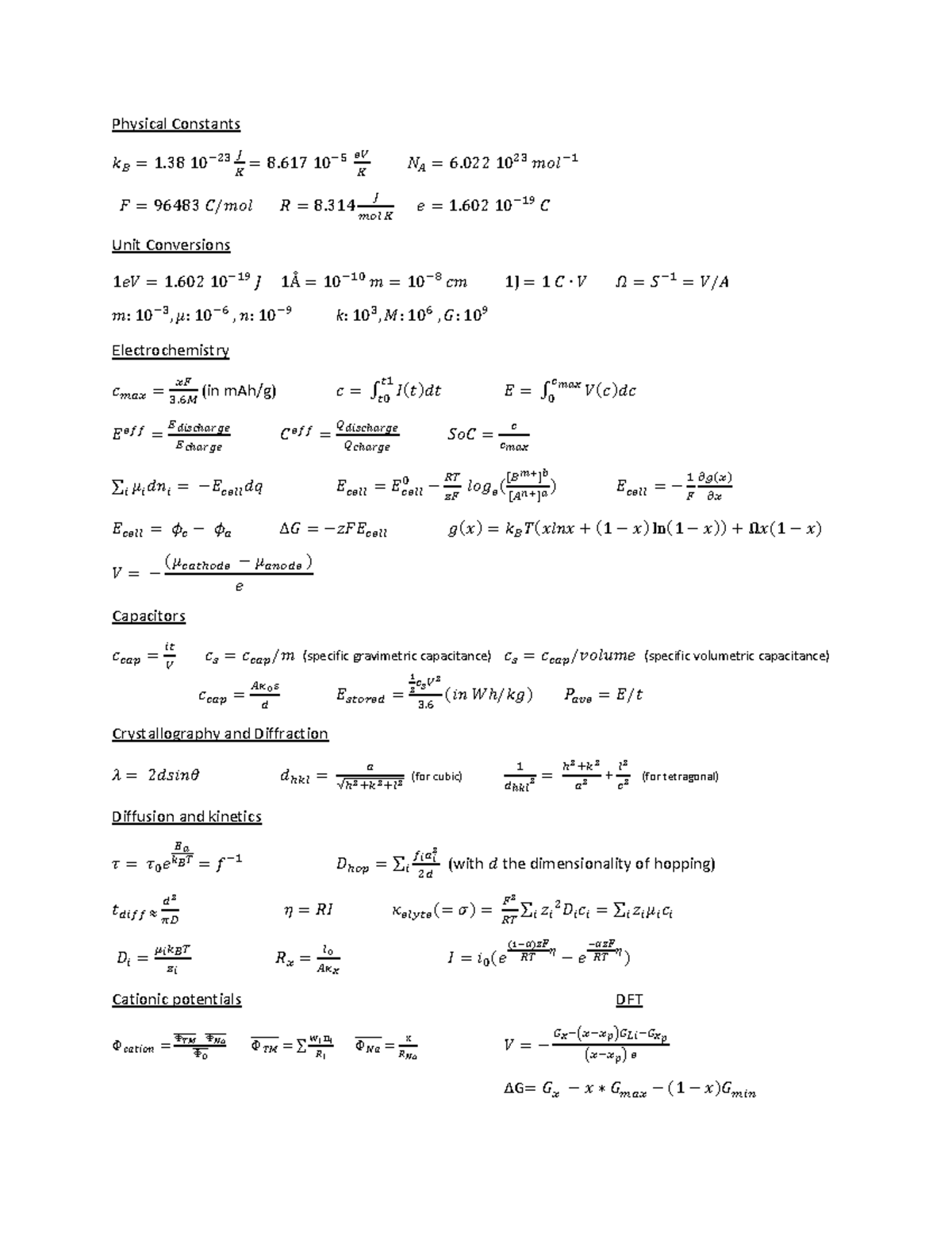 Formula Sheet - Samenvatting Energy Storage in Batteries - Physical ...