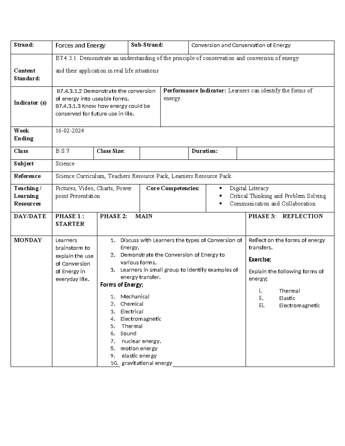 Lessonnote science b7 wk 6 - Strand: Forces and Energy Sub-Strand ...