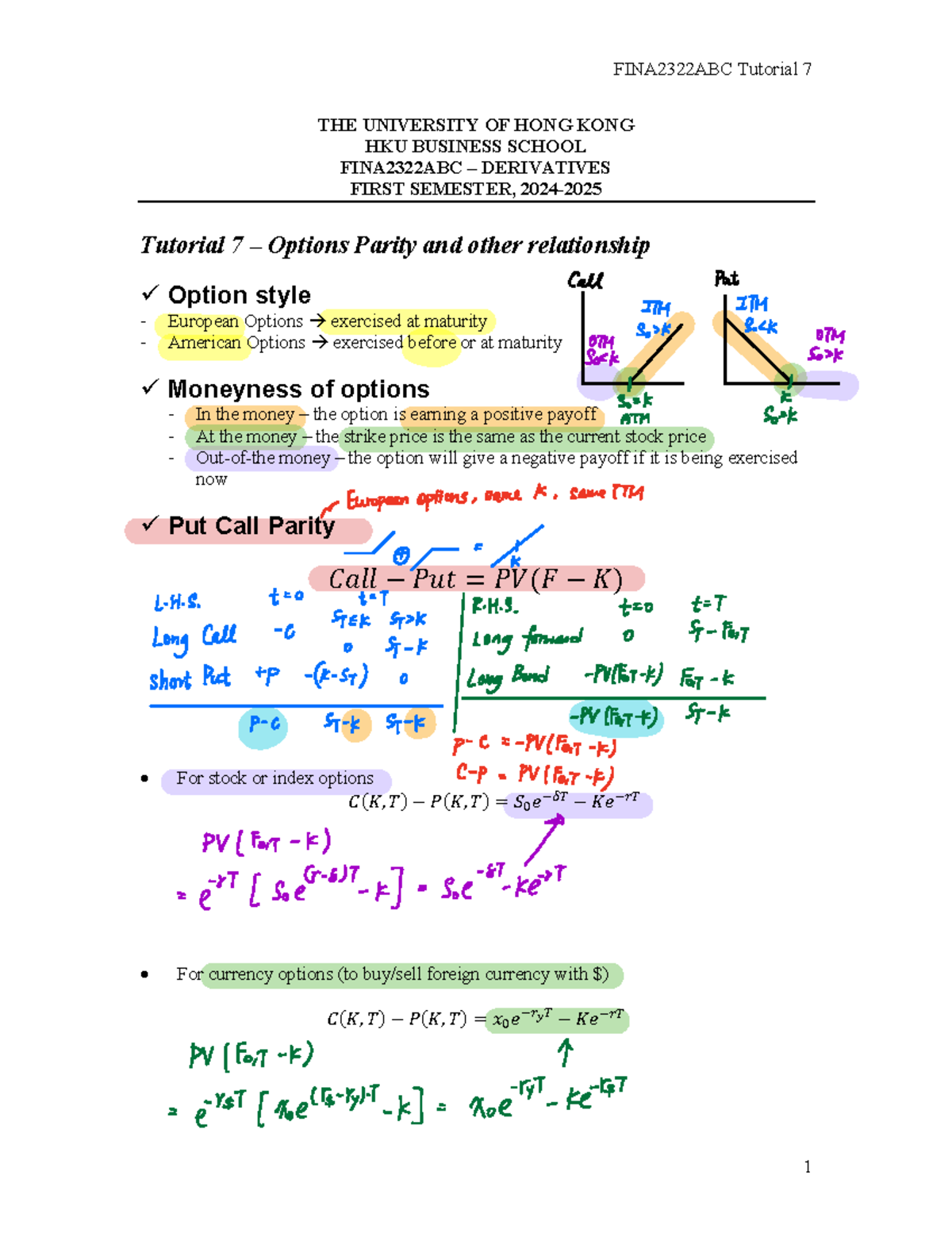 FINA2322 ABC 2024 Tutorial 7 notes - THE UNIVERSITY OF HONG KONG HKU ...