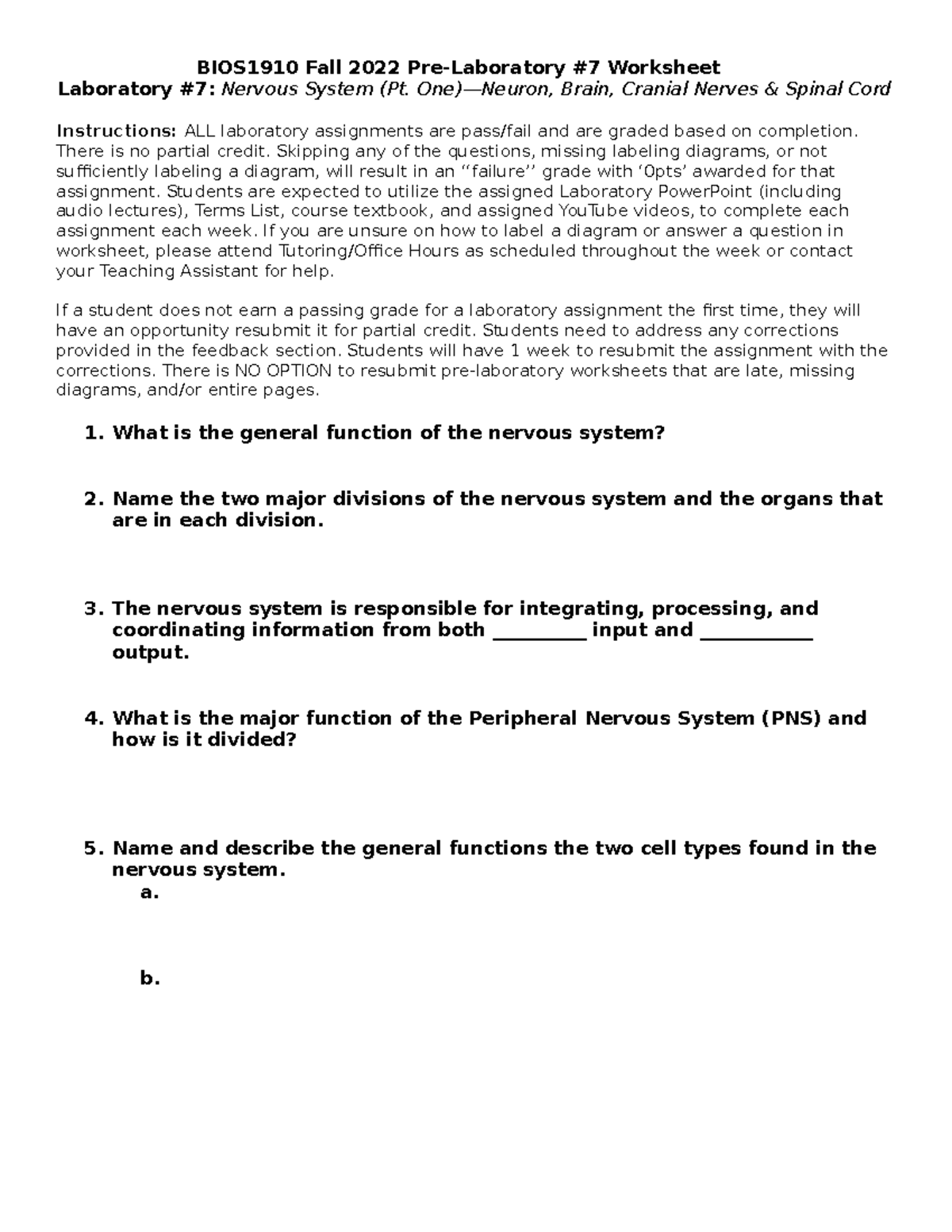 BIOS1910 Lab#7 Pre-Lab WS (F22) - BIOS1910 Fall 2022 Pre-Laboratory #7 Worksheet Laboratory #7 ...