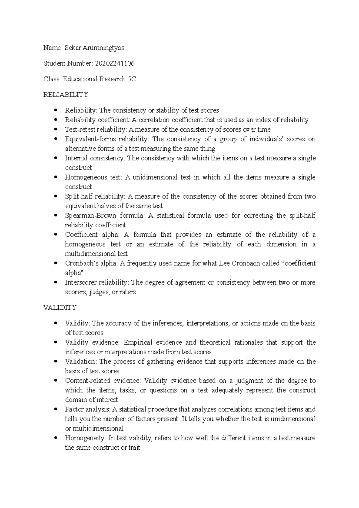 Reliability Summary - Name: Sekar Arumningtyas Student Number ...