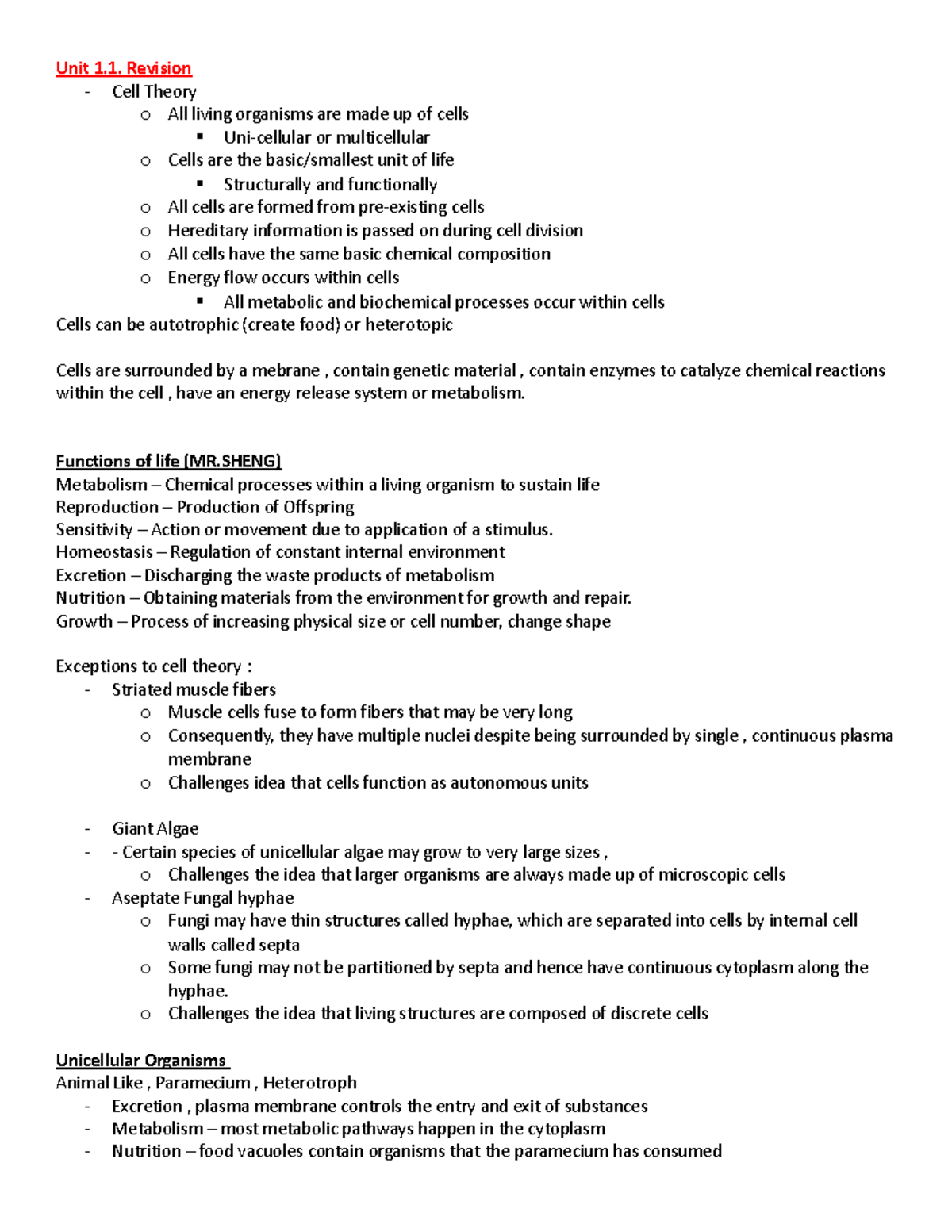 Unit 1.1 - BIO HL - Unit 1. Revision - Cell Theory o All living ...