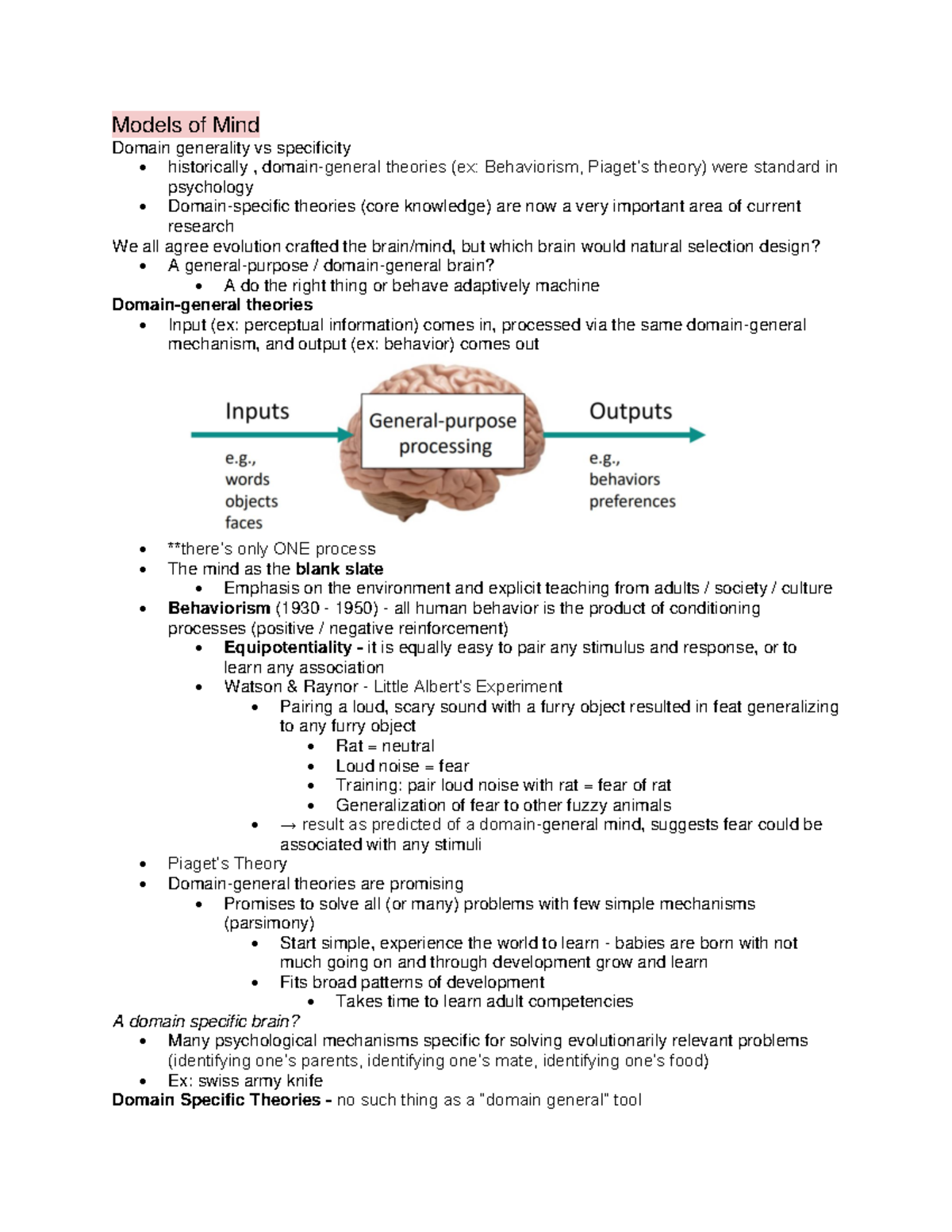 Psy 105 - 3. Models of Mind - Models of Mind Domain generality vs ...