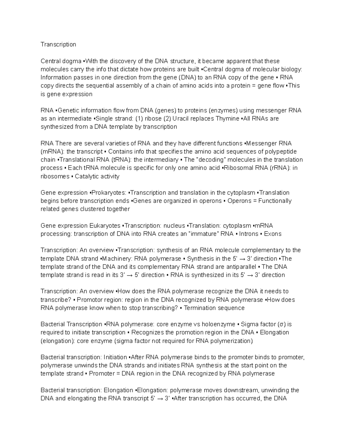 Transcription - Lecture Notes - Transcription Central dogma With the ...