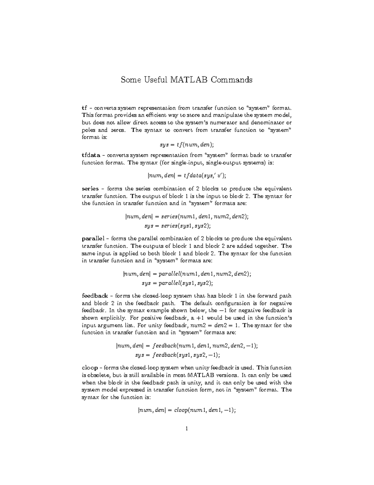 Some useful Matlab-commands used in the assignments - Some Useful ...