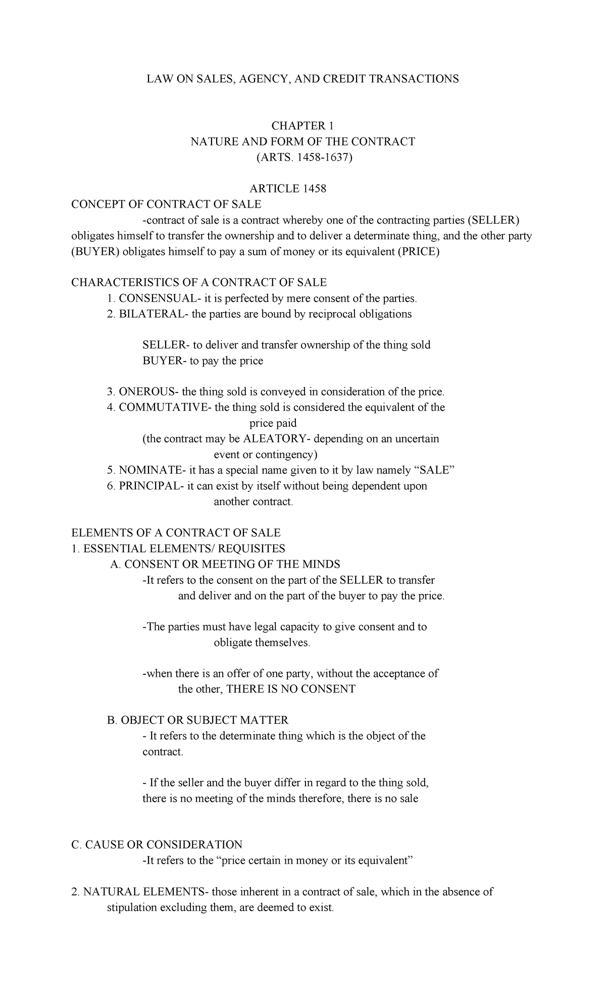 LAW ON Sales - CHAPTER 1 - 5 - LAW ON SALES, AGENCY, AND CREDIT ...